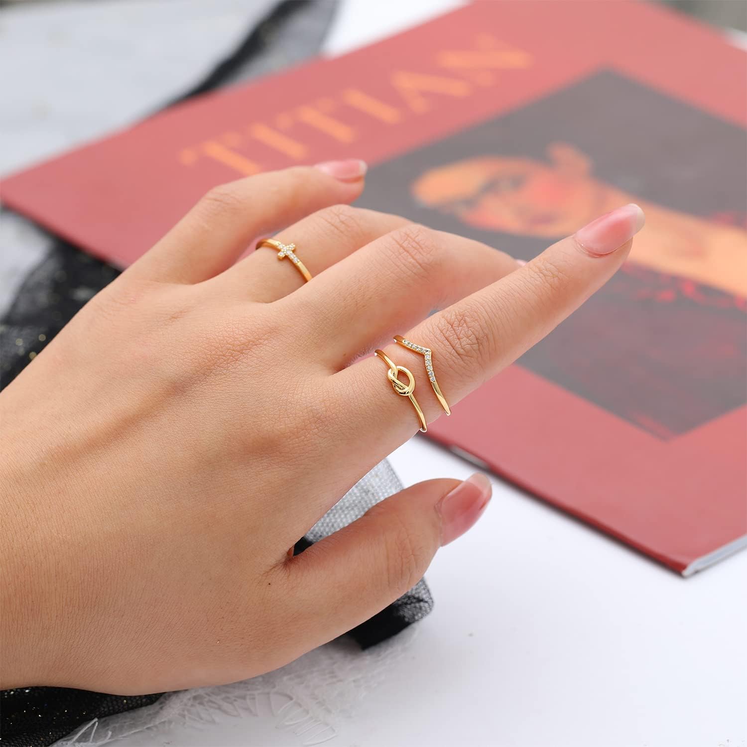 FUNEIA 8PCS 14K Gold Plated Stacking Rings for Women Size 4 to Size 12 Gold Silver Stackable Knuckle Rings Set for Teen Knot Wave Simple Thumb Thin Wedding Plain Band Rings