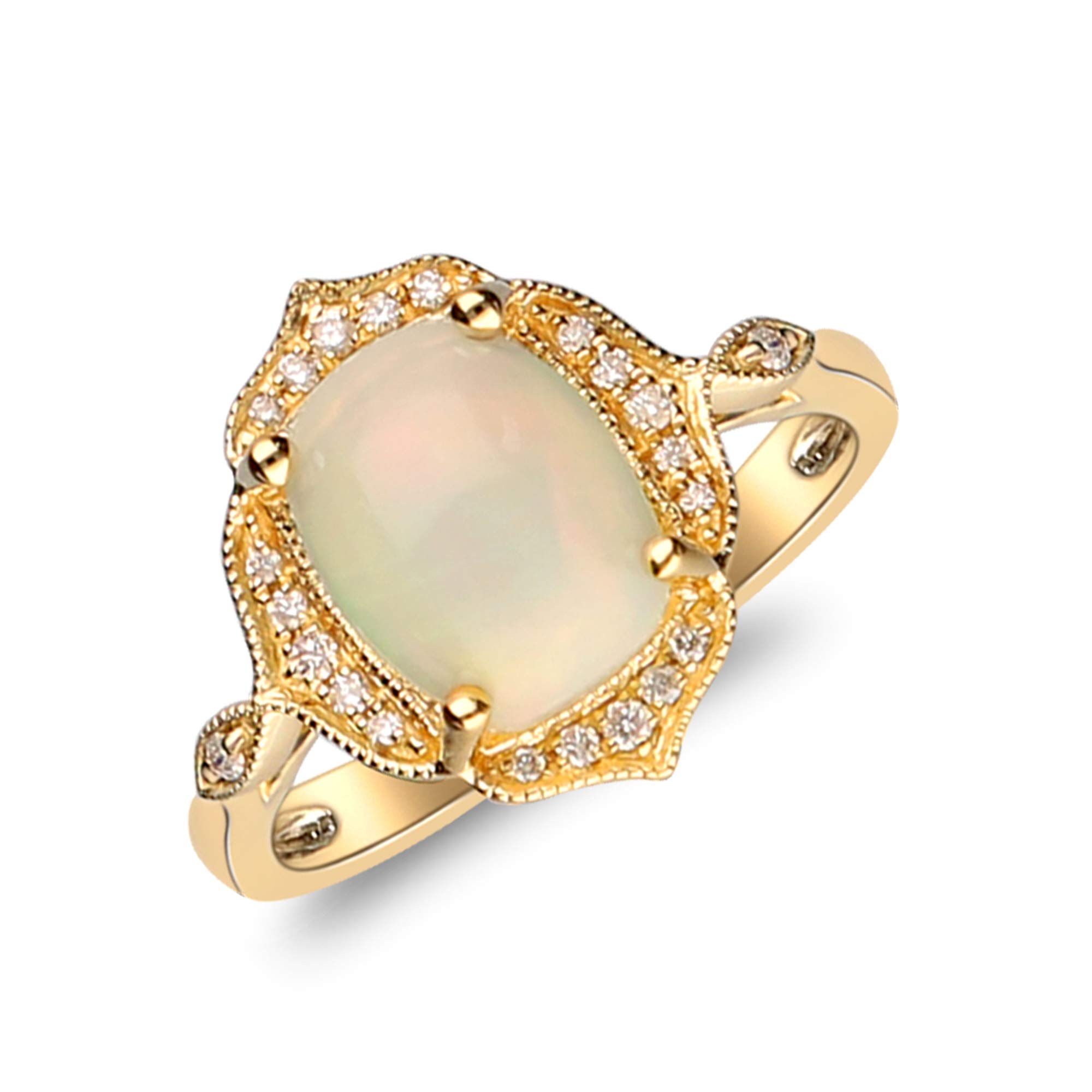 Gin & Grace 14K Yellow Gold Natural Ethiopian Opal Ring with Real Diamonds|Ethically, authentically & organically sourced (Cushion-cut) shaped opal hand-crafted jewelry for her |