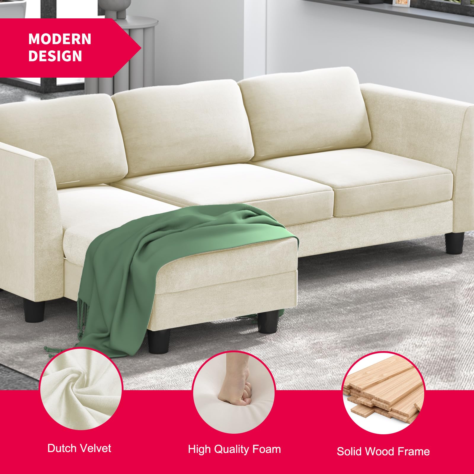 MUZZ 87'' Modern L-Shaped Sofa,Velvet Oversize Sectional Sofa with High-Density Sponge,Sectional Couch Sofa with Reversible Chaise for Couches for Living Room, Apartment,Beige