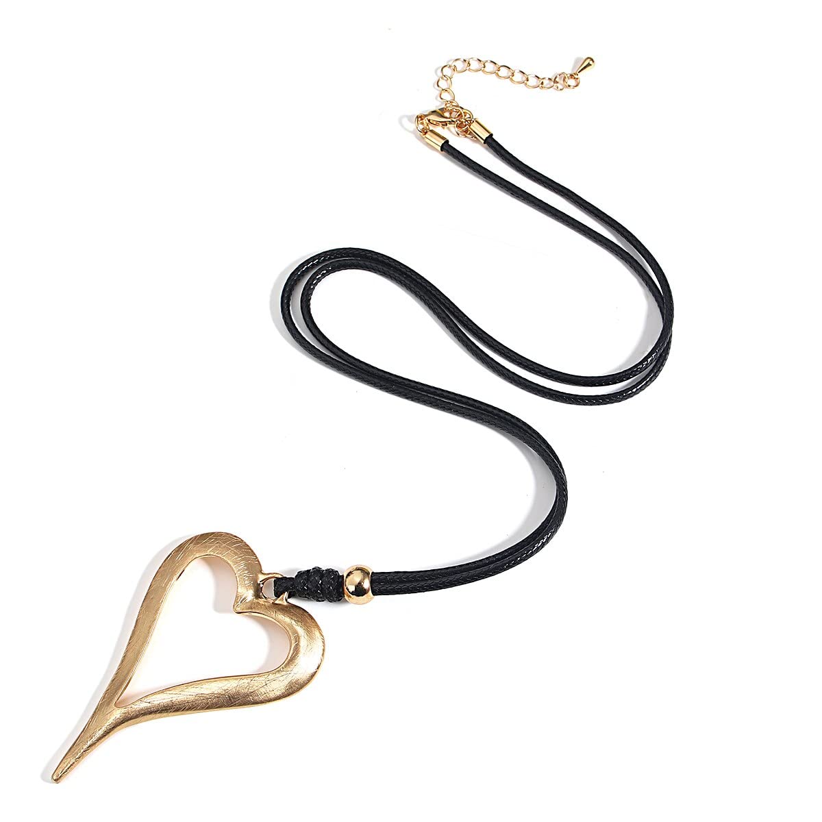 Gold Color Large Abstract Hollow Heart Pendant Collares Long Black Leather Statement Necklace Jewelry Gift for Women