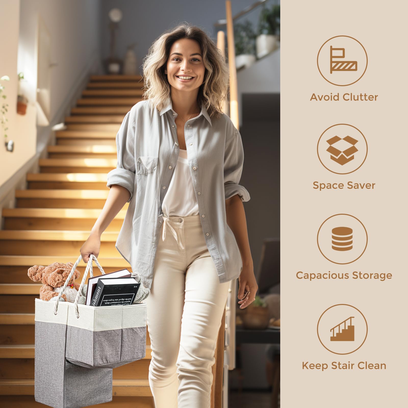 Puricon Stair Basket for Wooden Stairs, Stair Flax Step Storage Basket with Rope Handles Foldable Durable Staircase Storage Organizer for Home Carpeted Stairs -Grey,1 Pack