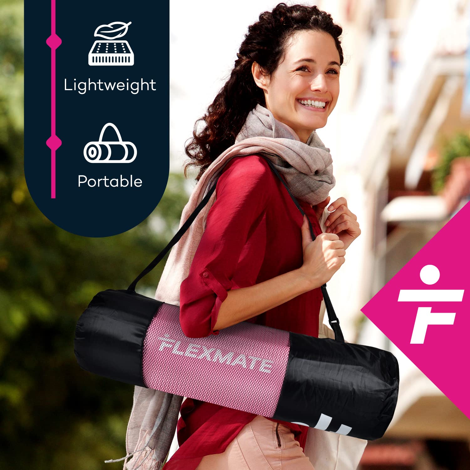 High-Density Yoga Mat For Women & Men With Carry Bag By Flexmate- Anti-Tear, Pilates, Training- Black (Pink)