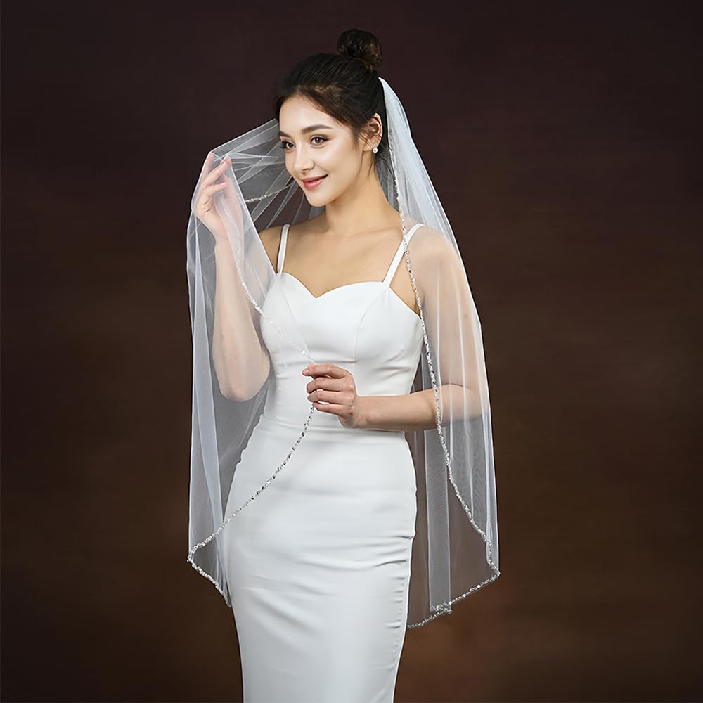 HONGMEI Wedding Veil for Brides Handmade Crystal Beaded Edge 1 Tier Bridal Veil with Comb