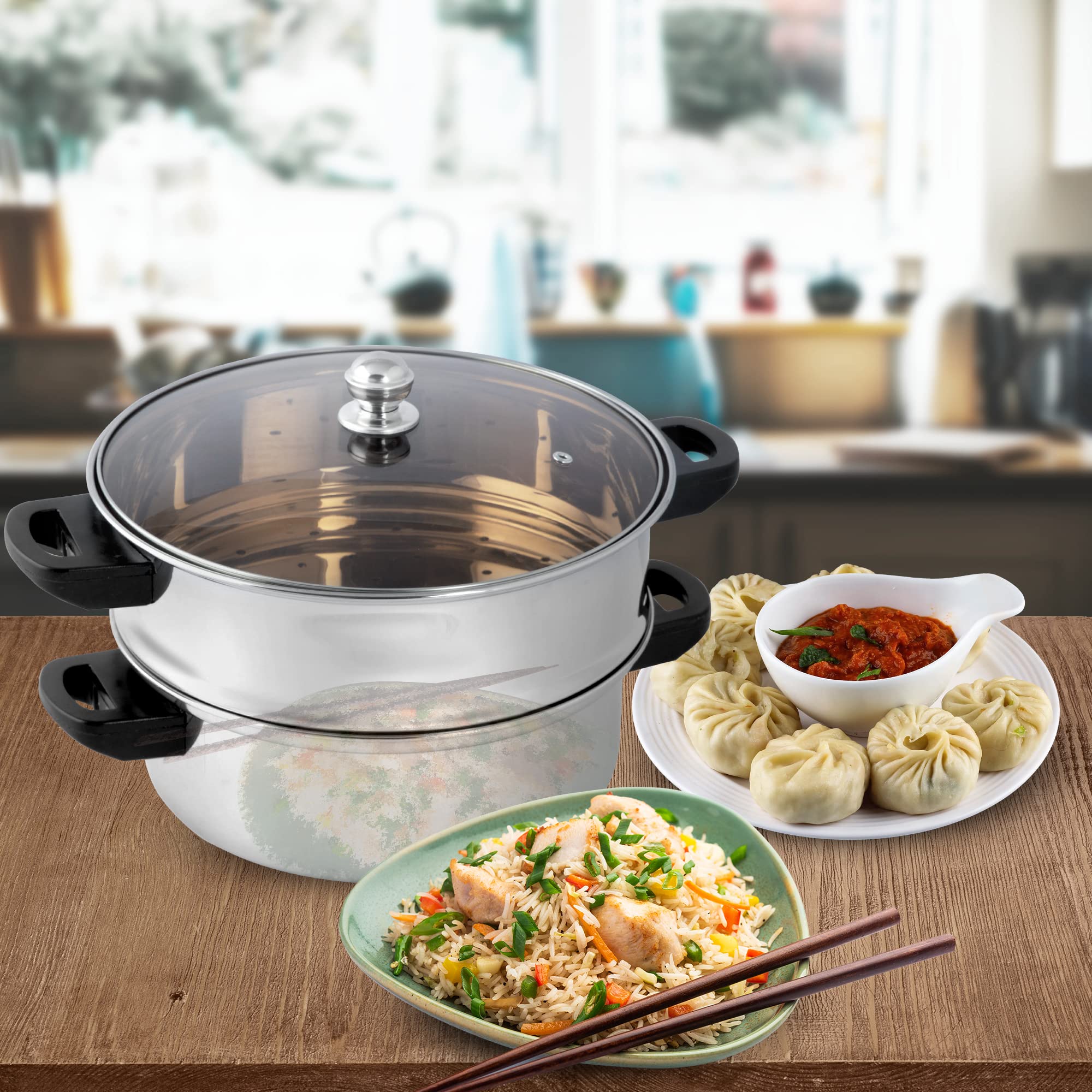 KSJONE Heavy Duty Stainless Steel 3 Piece Steamer Pot Set Includes 4 Quart Cooking Pot, 4 Quart Steamer Insert and Vented Glass Lid, Stack and Steam Pot Set for All Cooking Surfaces
