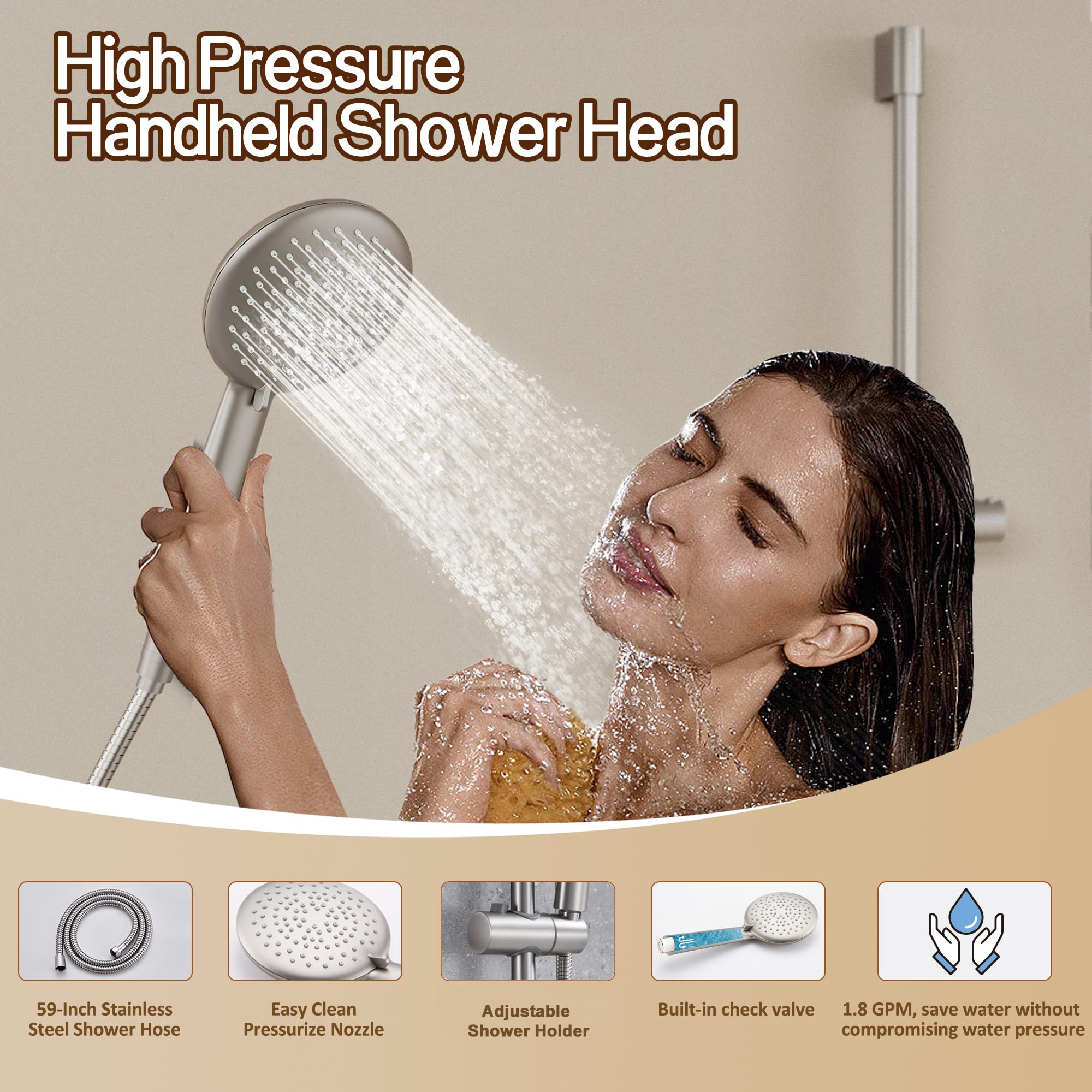 Gabrylly Slide Bar Shower System, Shower Faucet Set Complete with High Pressure 8" Rain Shower head and 5-Setting Handheld Shower Set, Shower Valve Include, Brushed Nickel