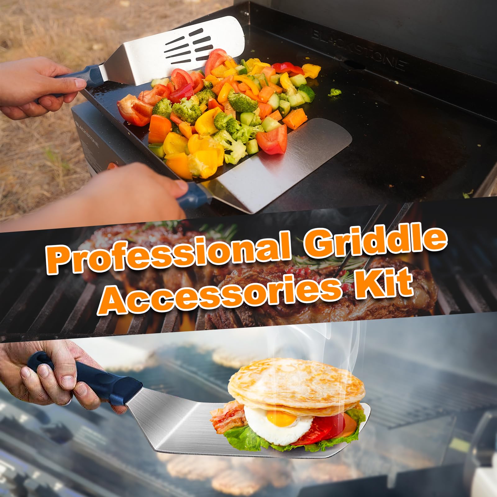 Griddle Accessories for Blackstone with Burger Press,20Pcs Grill Accessories,Enlarged Grill Spatula,Scraper,Basting Cover,Griddle Accessories kit for Hibachi,with Burger Smasher,Grill Black Tools Set