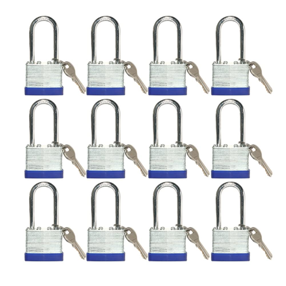 Laminated Steel Keyed Padlock, Keyed Alike Locks,1-9/16"(40mm) Wide Body,Long Shackle Padlock, Blue Plastic Hoop, Pack of 12