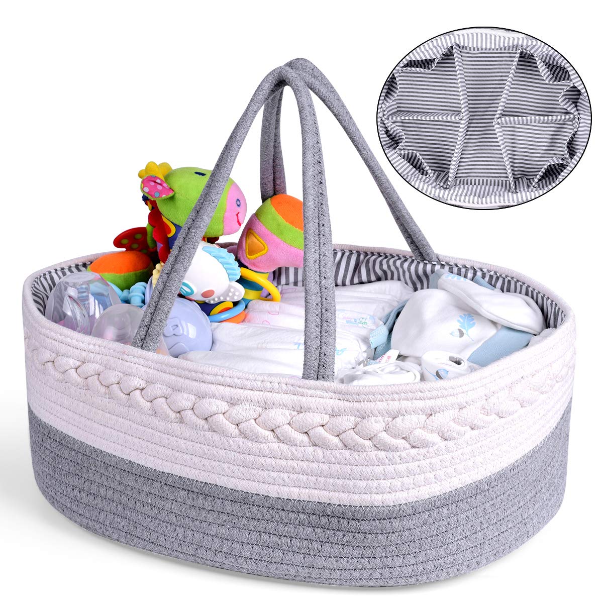 G.CORE Baby Diaper Caddy Organizer, Rope Nursery Storage Basket with Removable Division Inserts, 6 Grids 8 Pouches, for Baby Boy or Girl Shower Newborn Essential Gift Basket Bag - Large