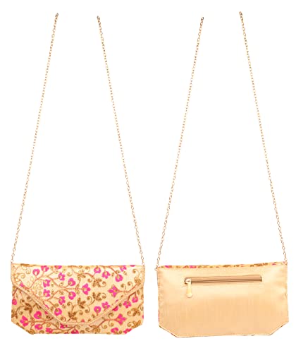 INDTRESOR beaded handcrafted embroidered evening purse handbag vintage party wedding gift for women. Pink Gold