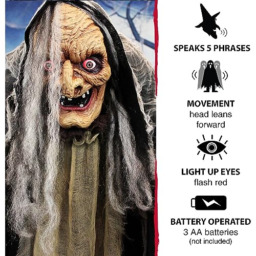 Haunted Hill Farm Life-Size Scary Poseable Talking Witch with Touch Activated Lights and Sound, Battery-Operated Indoor/Covered Outdoor Halloween Decoration
