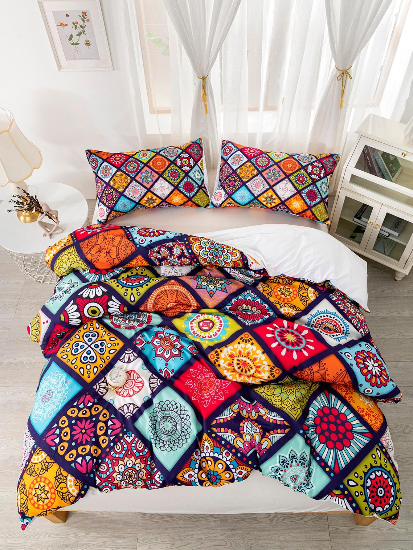 QWINEE 3pcs Mandala Pattern Duvet Cover Set Without Filler (1 Duvet Cover & 2 Pillowcase) Bohemian Style Boho Fabric Soft Bedding Set for Home Multicolor 90"*90" Queen