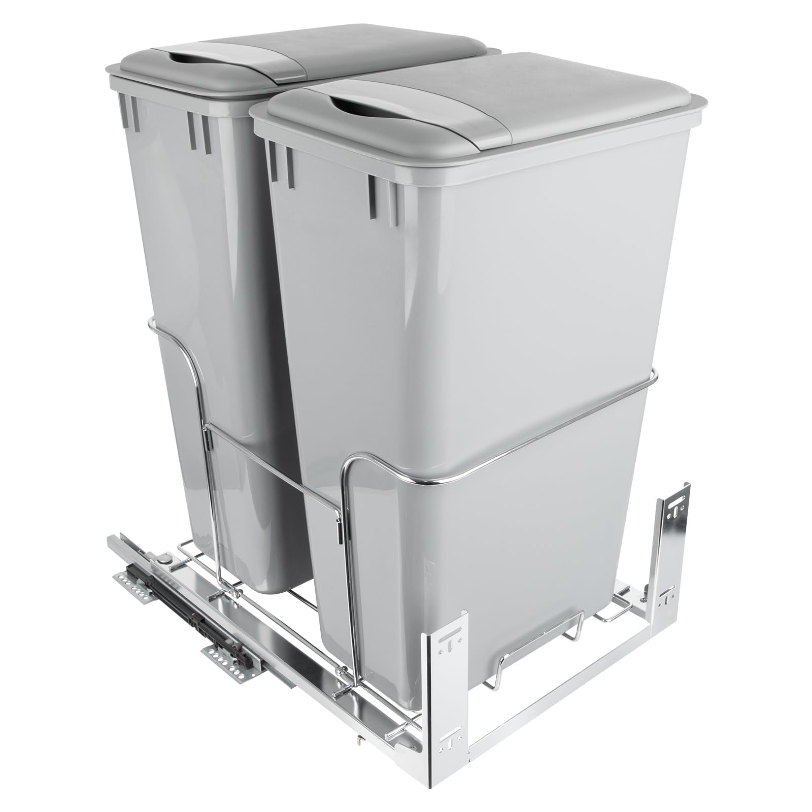 Pull-Out Trash Can, 50Qt Double Bins, Under Mount Waste Container with Soft-Close Slides, 176 lbs Load Capacity & Recycling Bin Door-Mounted Brackets Garbage with Lids for Kitchen Home Cabinet,2pack