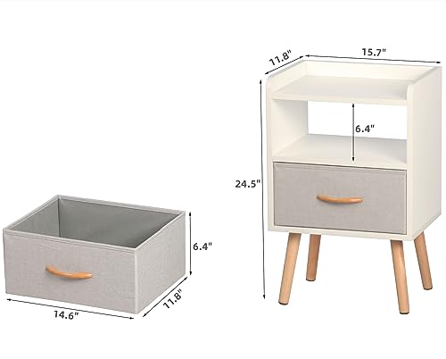 PIKPUK White Nightstand, Modern Bedside Tables with Fabric Drawer, Wooden End Table for Small Space, Narrow Side Table with Open Storage Shelf for Bedroom/Living Room/Dorm.