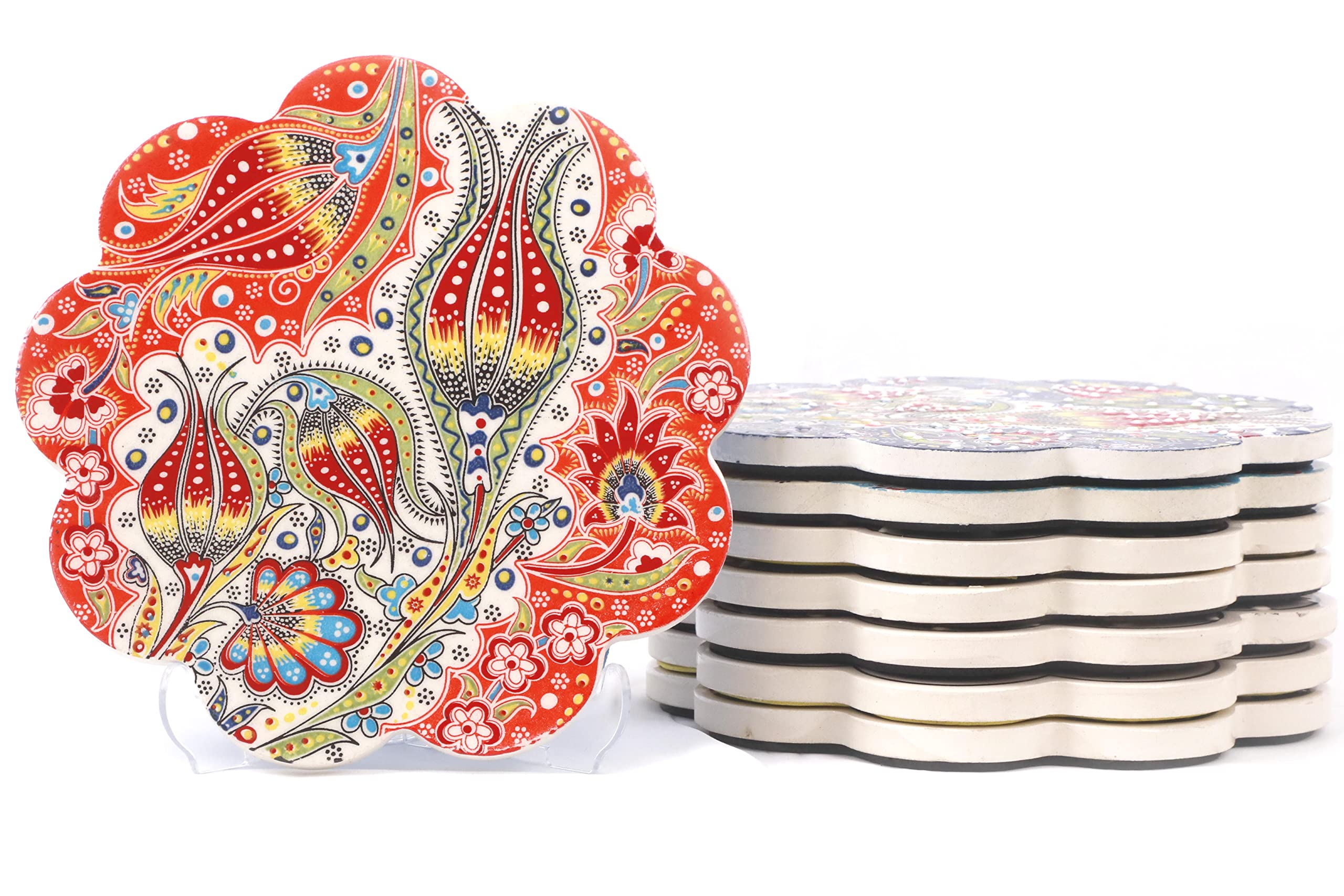 Küchengeräte 18 cm/7" inc Hand Painted Decorative Tulip Patterned Turkish Ceramic Trivet Coaster - Very Stylish - Scratch Proof Heat Resistant & Great Kitchen Home Office Decor - Best Gift Idea