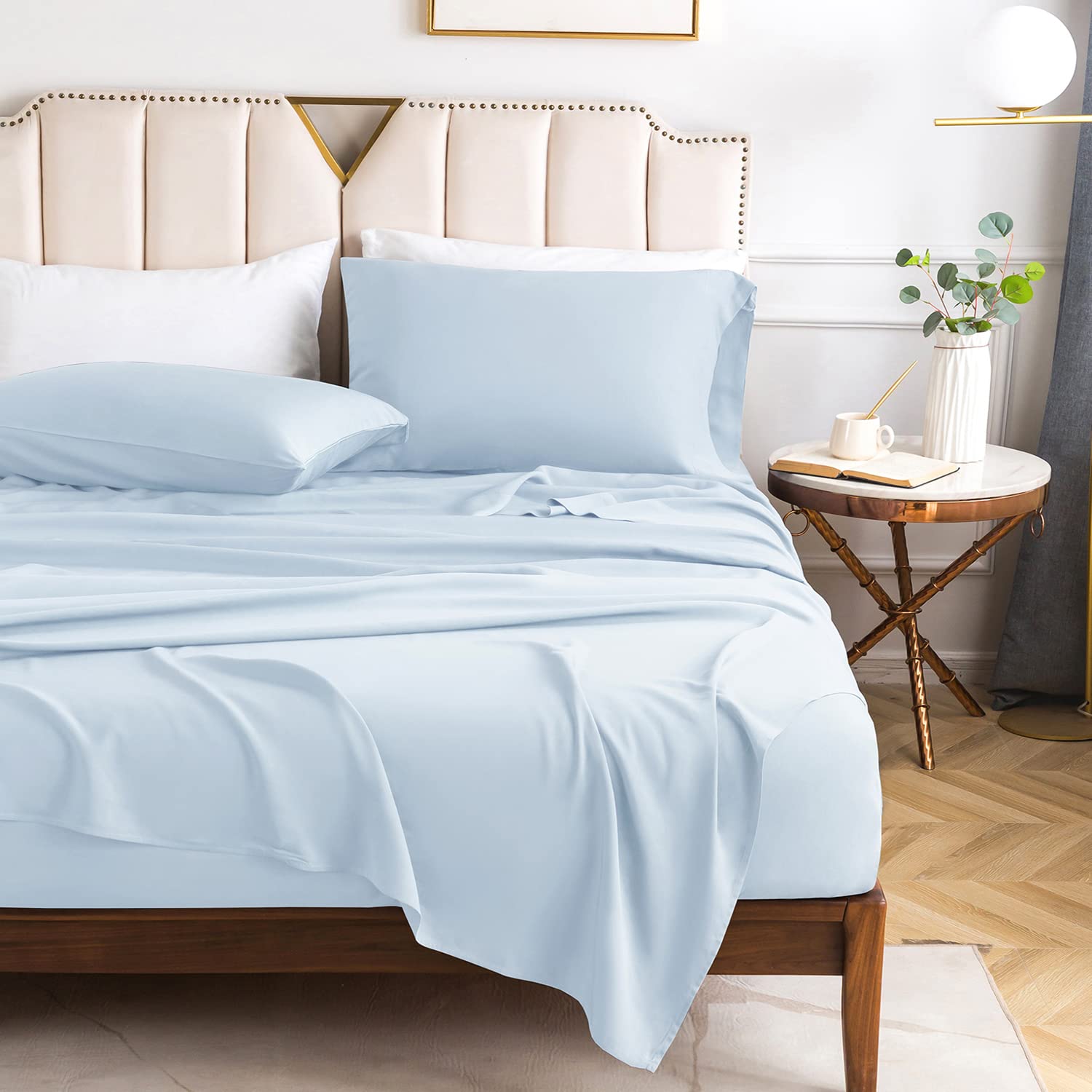 HENGWEI Bed Sheets Full Size, Viscose Sheets Set for Bed, Summer Cooling Bed Sheets, Silky Soft Breathable 4 Piece with 17" Deep Pocket Luxury Silky Feel Hotel Bedding, Baby Blue