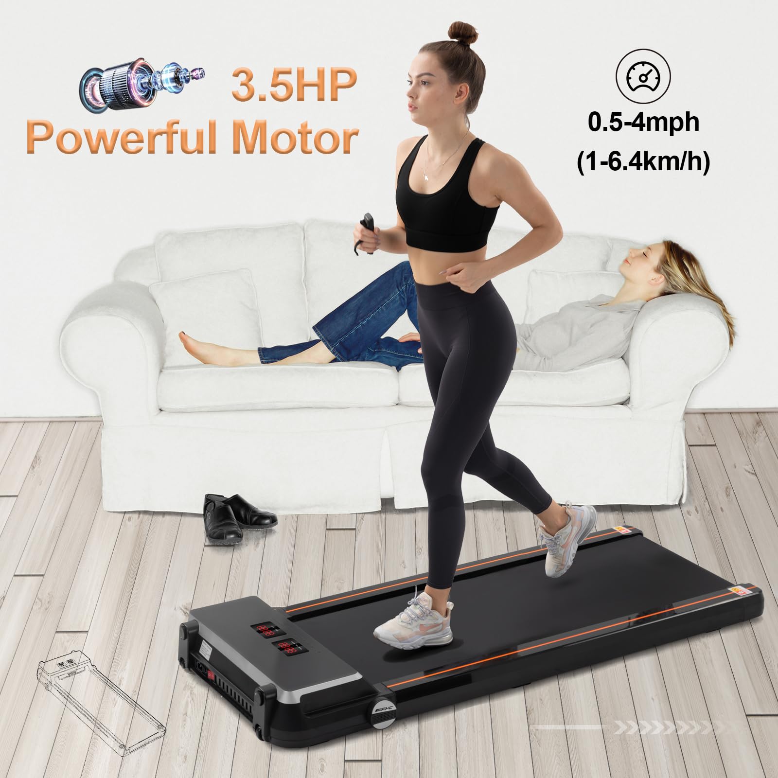 FYC Under Desk Treadmill 3.5HP Slim Walking Treadmill 300LBS - Electric Treadmill with APP Bluetooth Remote Control LED Display, Running Walking Jogging for Home Office Use (Installation Free) JK30F-9