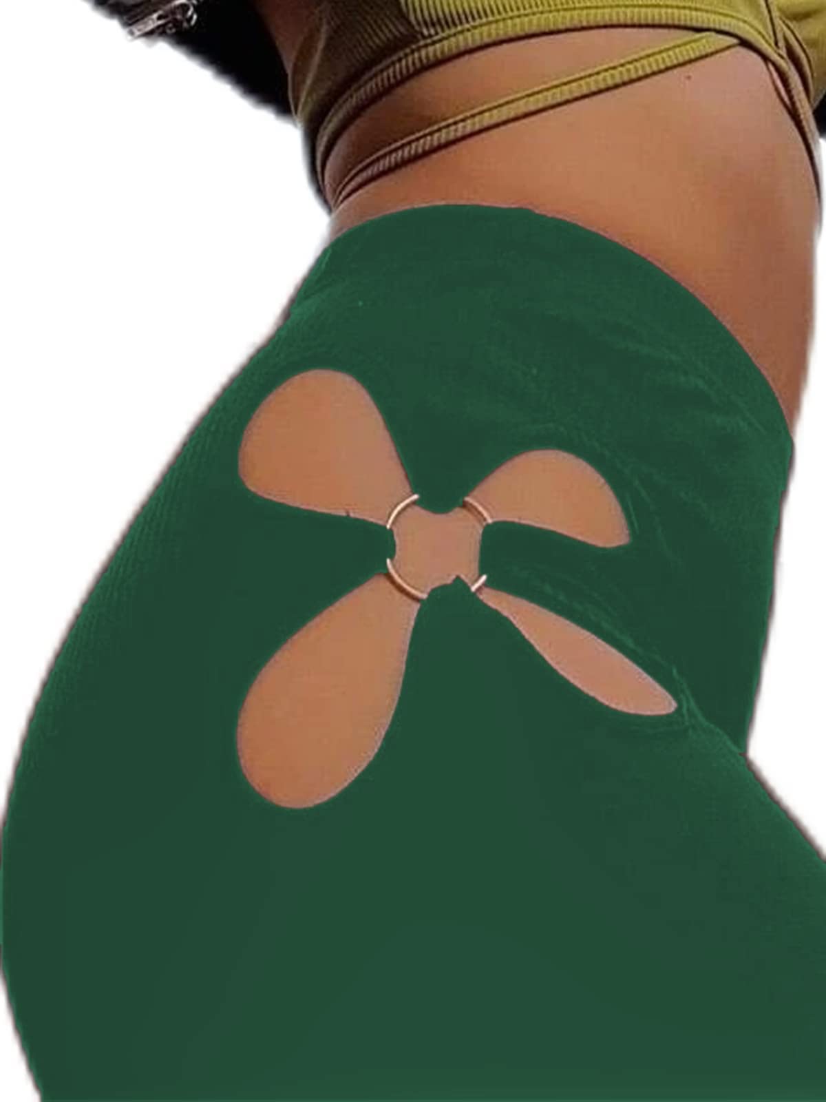 Hilinker Women's High Waisted Flare Long Pants Cut Out Stretchy Ladder Bootcut Yoga Pants Dark Green X-Large