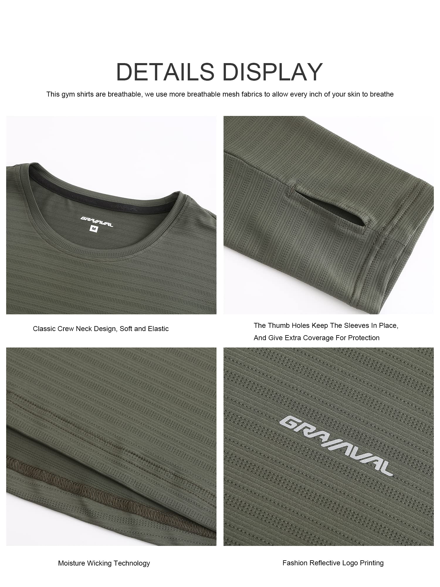 GRAMVAL Workout Shirts for Men Crew Neck Long Sleeve Quick Dry Gym Athletic Active T Shirt Moisture Wicking Green XXL