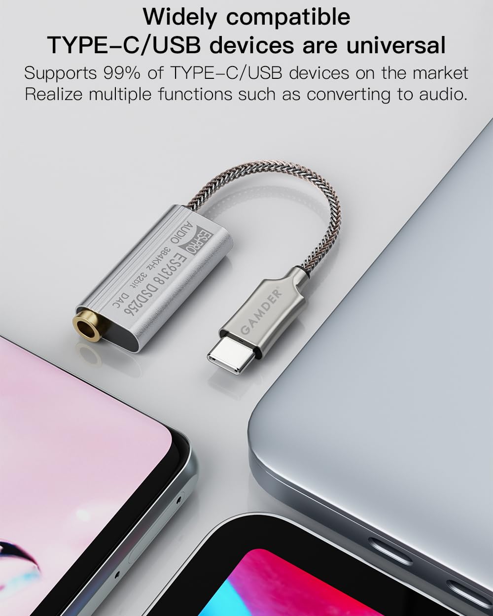 GAMDER USB Type C to 3.5mm DSD256 Hi-Fi Audio Chip Decoder 32bit 384kHz Headphone Amplifier Adapter DAC for Android Phone Mac Windows 10 (ES9318 Chip)
