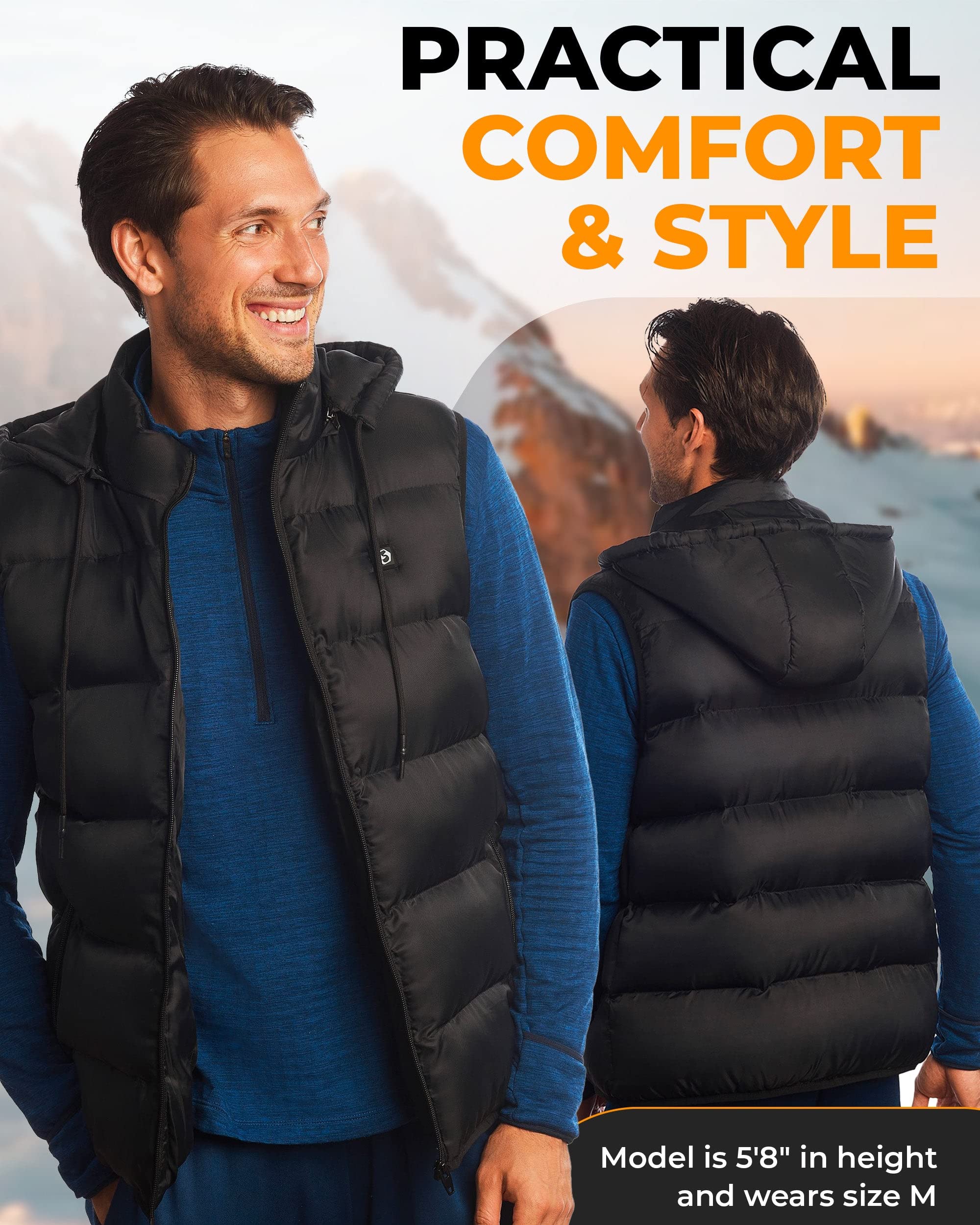 Foxelli Men's Heated Puffer Vest - Lightweight, USB Rechargeable Black Vest for Men, Men’s Winter Outerwear Vest with Battery