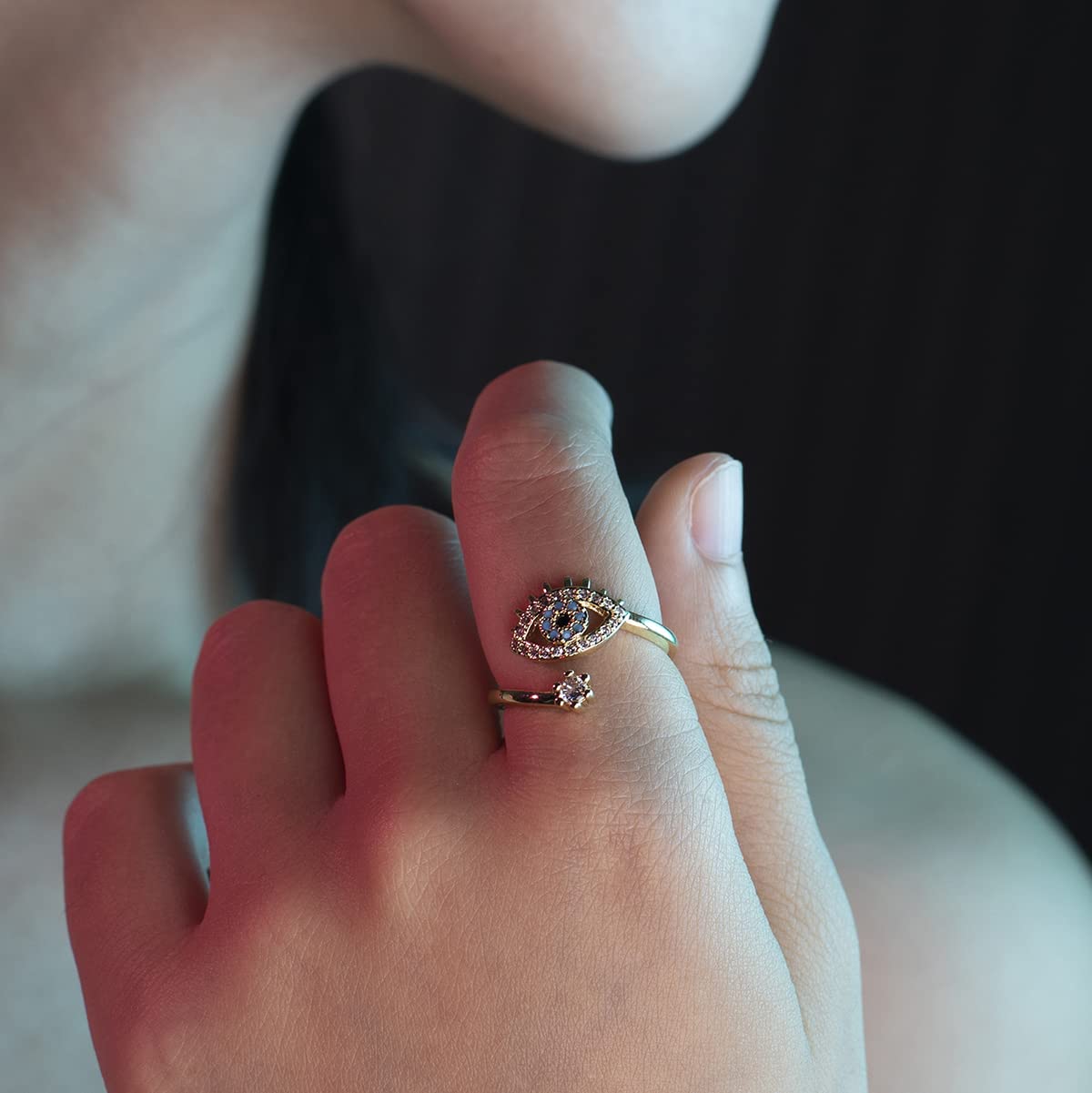 Gold Evil Eye Ring for Women 14k Gold Plated Gold Adjustable Rings Cubic Zirconia Open Ring