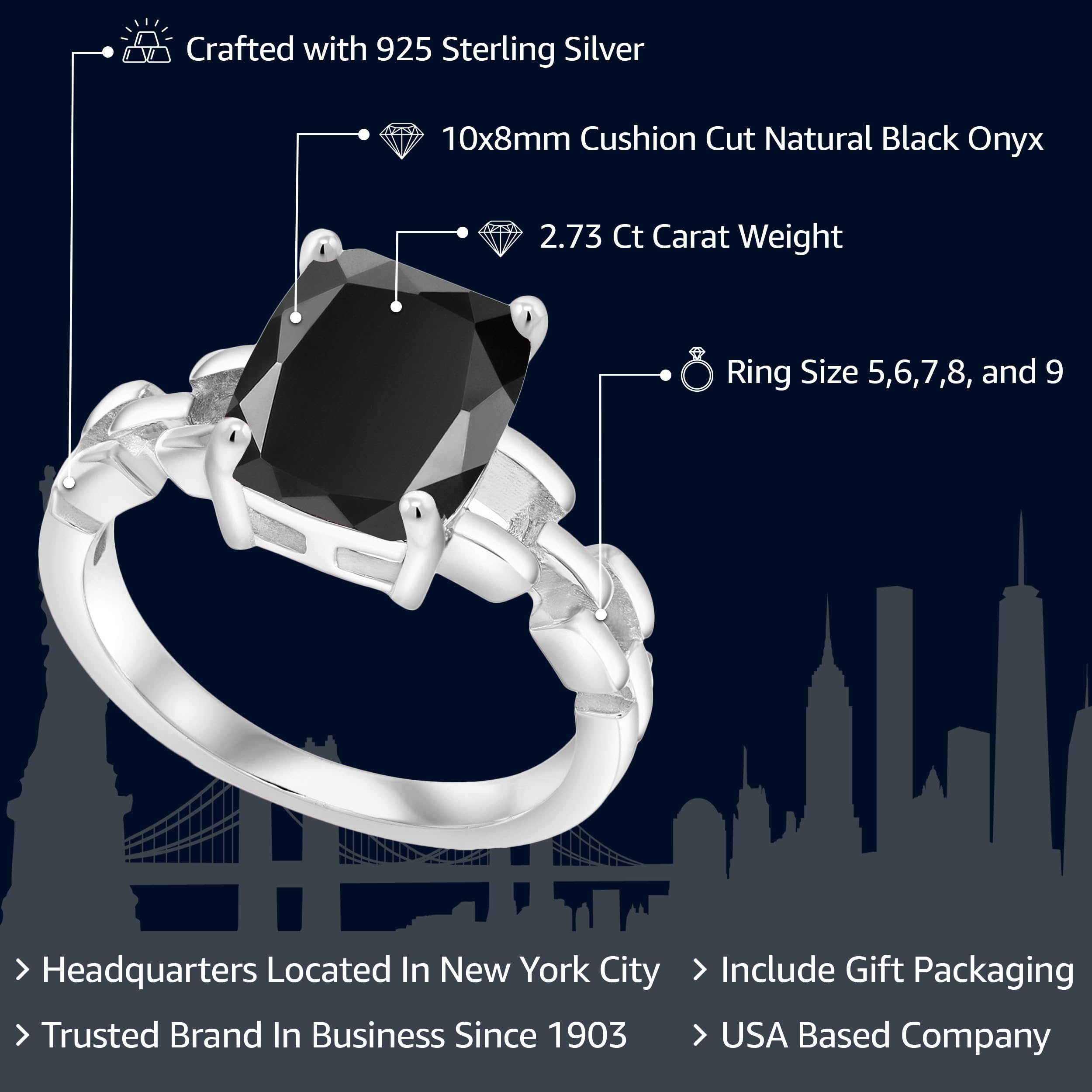 Gem Stone King 925 Sterling Silver Black Onyx Link Style Solitaire Engagement Ring For Women (2.73 Cttw, Cushion Cut 10X8MM, Gemstone Birthstone, Available in size 5, 6, 7, 8, 9)