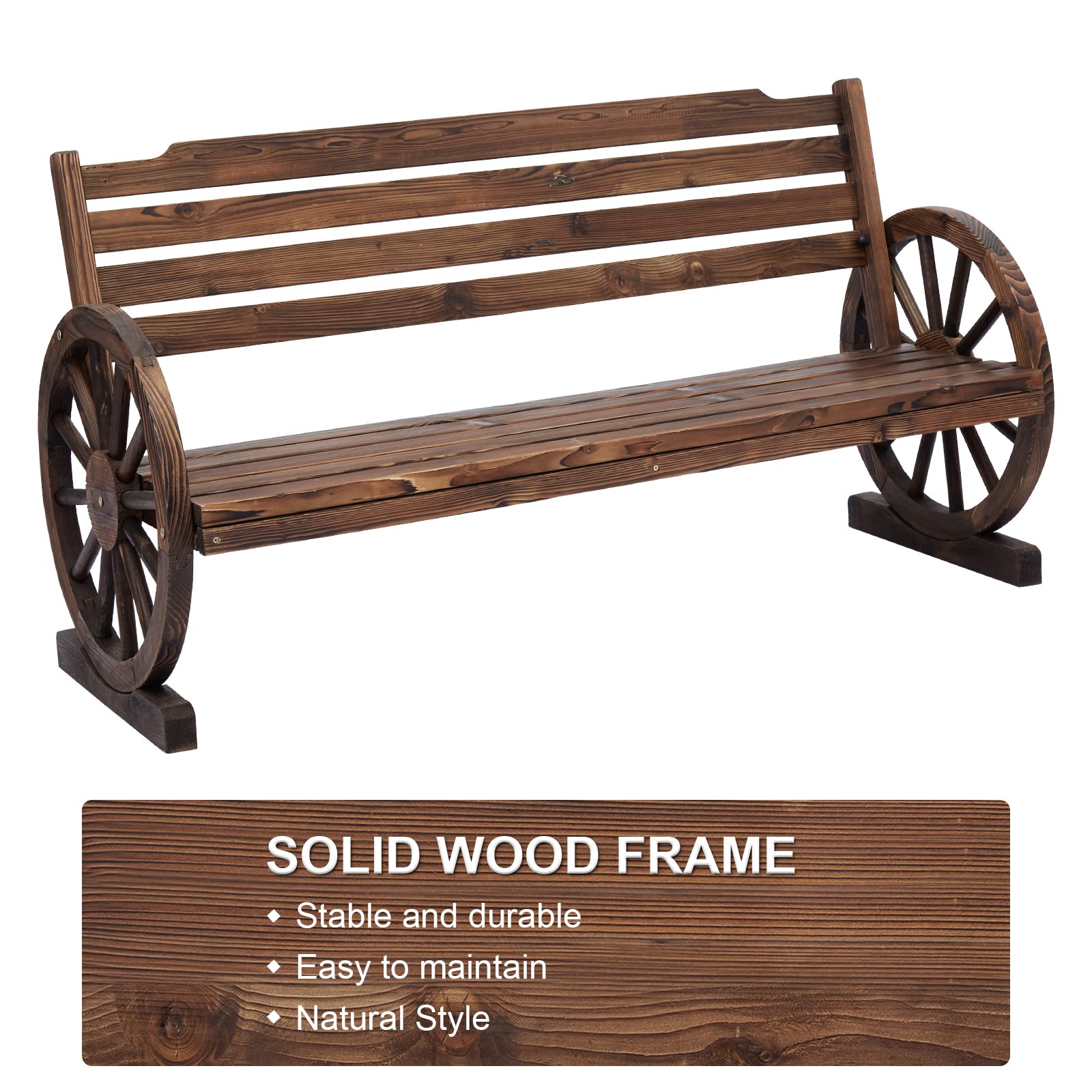 KINTNESS Wooden Wagon Wheel Bench Rustic Outdoor Patio Furniture 2-Person Seat Bench with Backrest for Backyard Patio