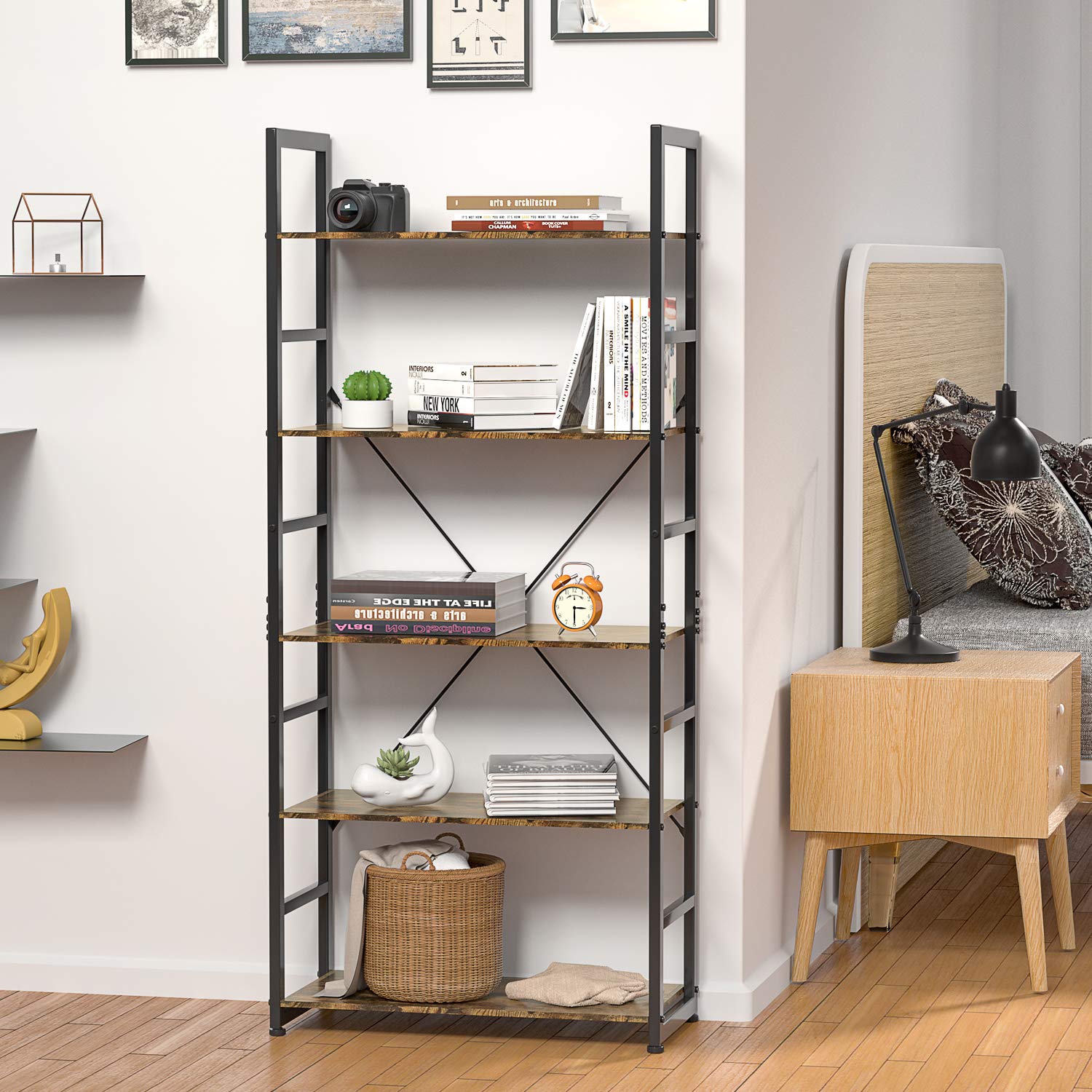 Foxemart Bookshelf, 5 Tier Shelf Bookcase Modern Standing Rack, Wooden and Metal Open Shelves Organizer for Home Office Living Room, Rustic Brown, Large