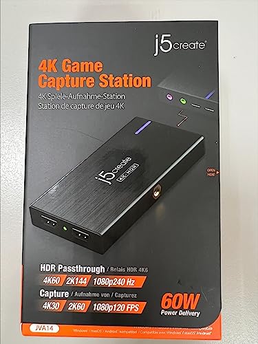j5create 4K Game Video Capture Card with PD 60W Pass-Through Charging, Stream and Record 4K Video on PS5, PS4, Xbox, Switch, Work with OBS, Twitch, YouTube (JVA14)