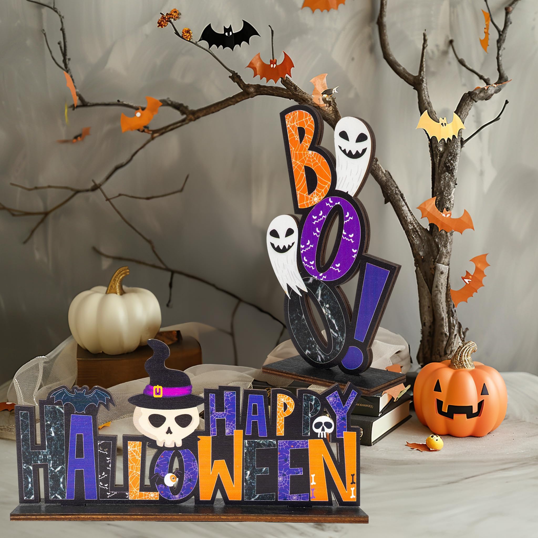 NEROSUN 4 PCS Halloween Table Centerpiece Decorations, Pumpkin Ghost Wood Centerpiece Boo Spooky Signs, Trick or Treat Table Decor for Halloween Table Party Living Room Kitchen Office Bar