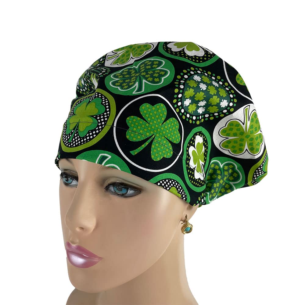 European Style No Ribbon –Saint Patrick’s Clovers and Dots, Turn Up Ponytail Medical Scrub Cap, Scrub Hat for Women & Men tie Back | Working Cap with Holder. Nurses Hats | Dr. Hats