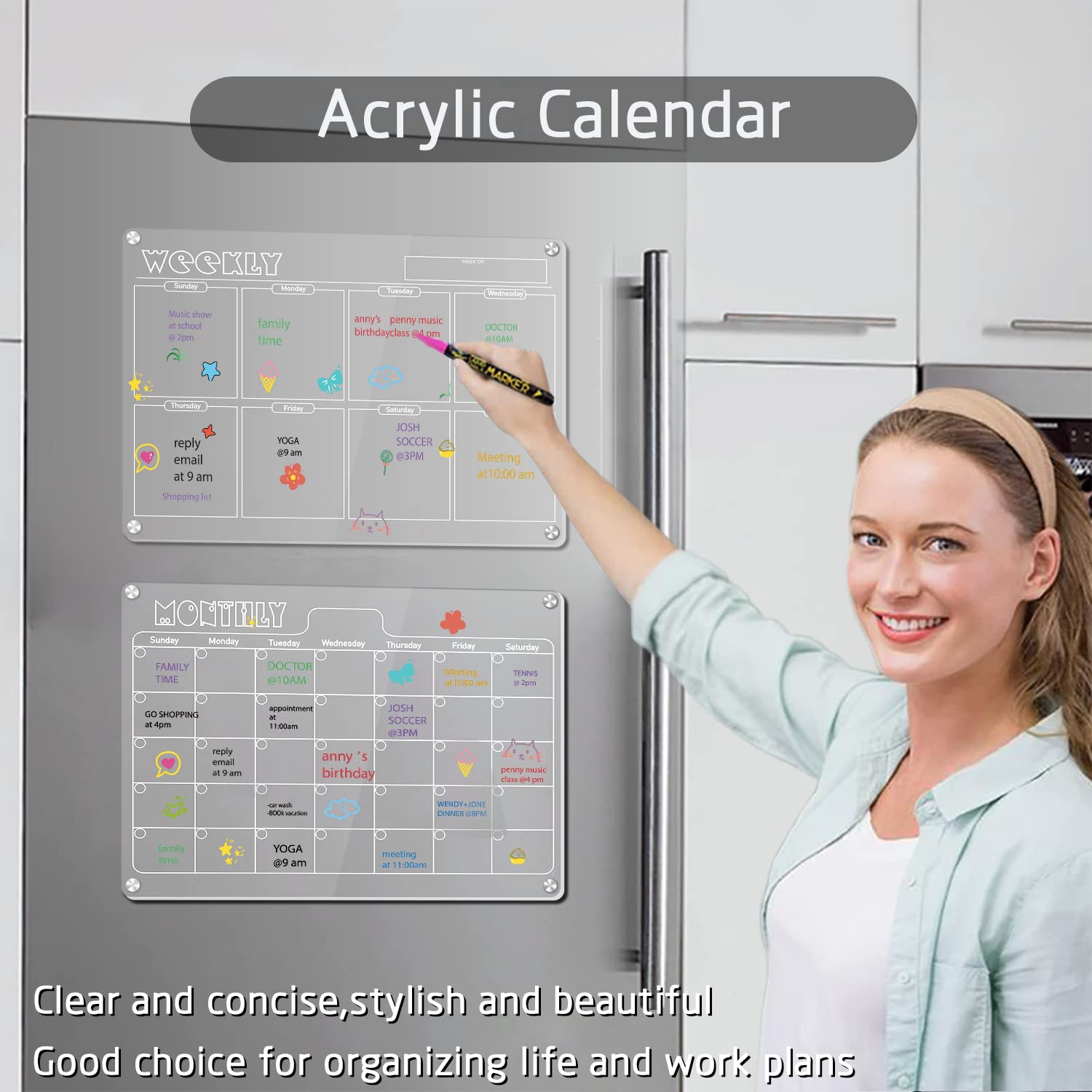 Hivillexun 17"x12" Clear Acrylic Magnetic Dry Erase Board with Monthly & Weekly Planner, 6 Markers & Large Eraser for Refrigerator Organization