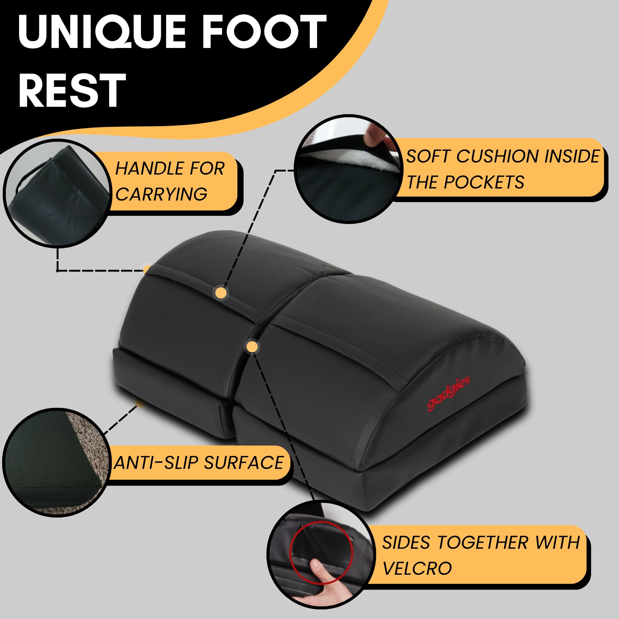 Gadgies Ergonomic Under Desk Foot Rest for Office & Home Use β Splits Into 2 β Adaptable Foot Stool Under Desk with Leather Cover β Dual Height Desk Foot Rest β Relieve Back, Lumbar & Knee Pain