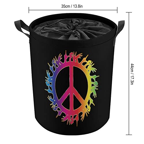 Peace Sign Laundry Basket Round Collapsible Storage Bin with Drawstring and Handle for Bedroom Bathroom Toys Room 17.3" X 13.8"