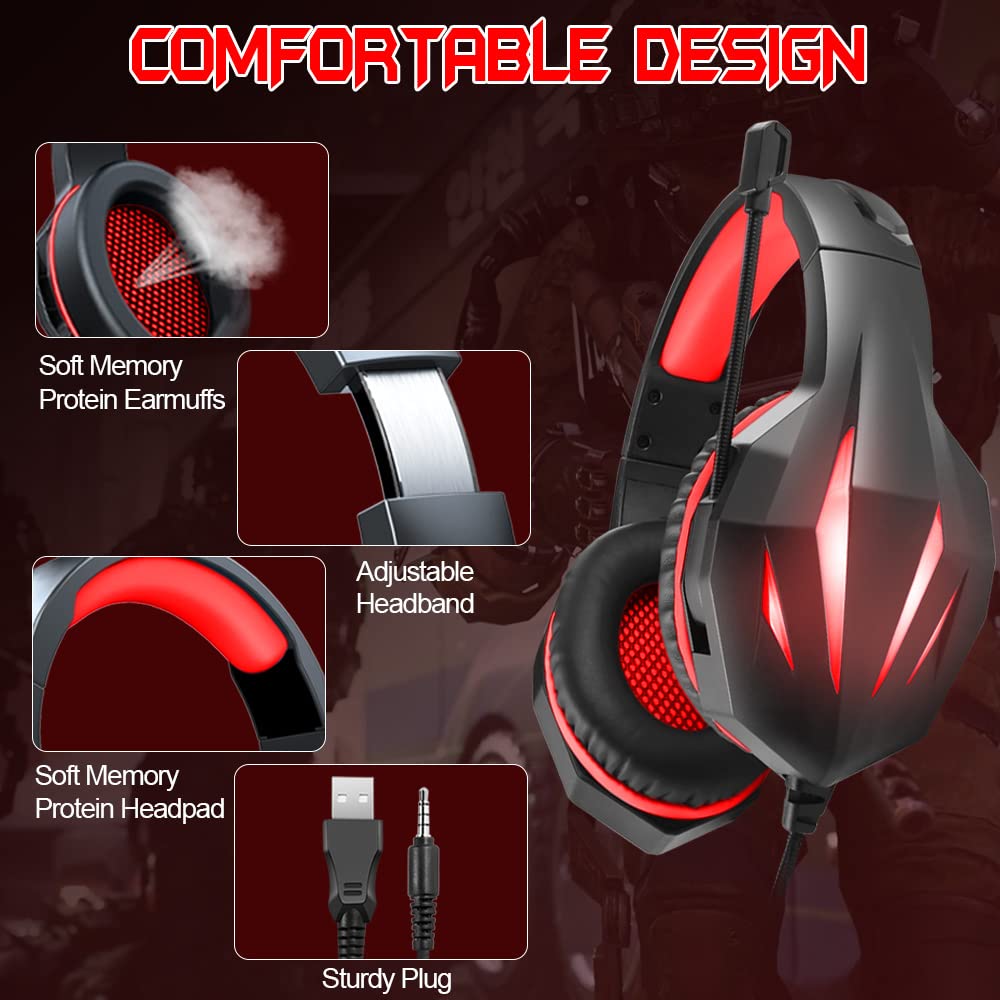 HIOEPR Gaming Headset, J5 Gaming Headphones with Microphone for PC Laptop, 50mm Drivers Over Ear Headphones for PS4PS5 Xbox One S Mac, Surround Stereo, LED Light, 3.5mm Audio Jack, Volume Control, Red