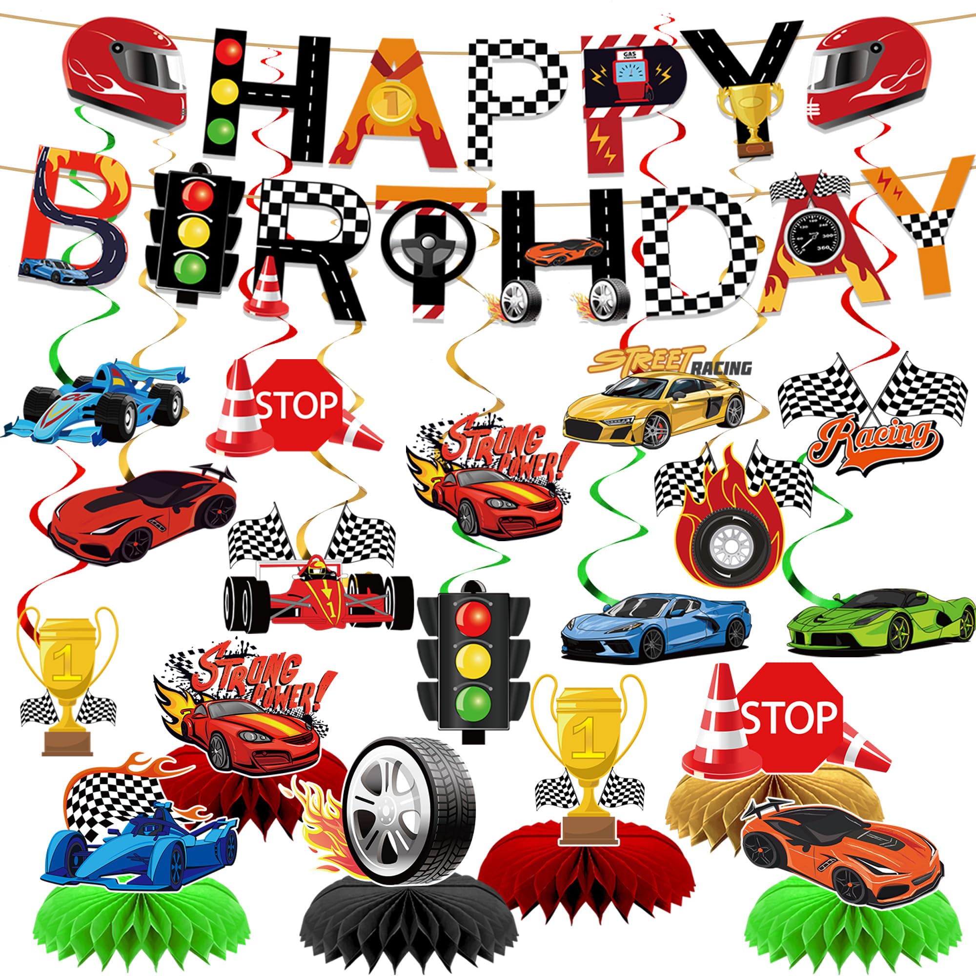 Race Car Party Decorations Race Car Happy Birthday Banner Race Car Hanging Swirls Car Themed Honeycomb Centerpieces for Race Car Birthday Baby Shower Party Supplies