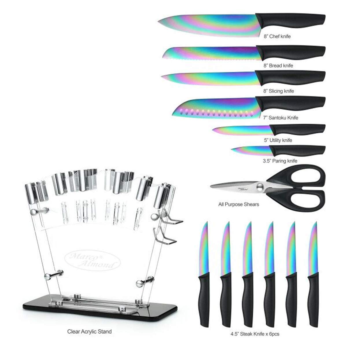 KYA35 14 PCS Rainbow Titanium Coating Cutlery Knives Block Set + KYA52B 7 PCS Stainless Steel Cooking Utensils Sets with Titanium Plated