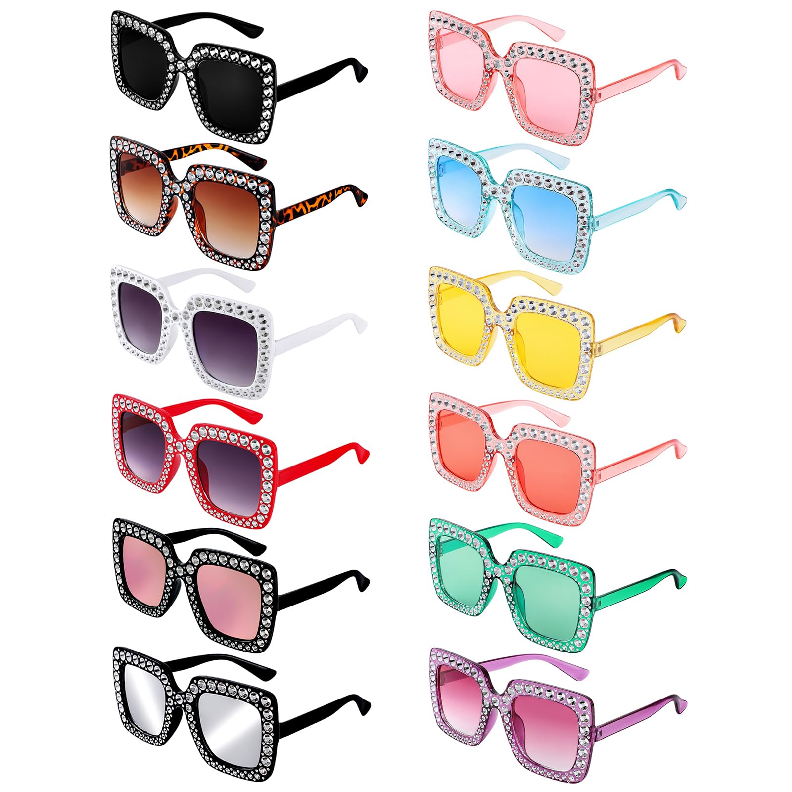 LYMOJOR 12 Pack Rhinestone Sunglasses Bulk, Oversized Square Fun Bling Crystal Sunglasses for Women Party Favors