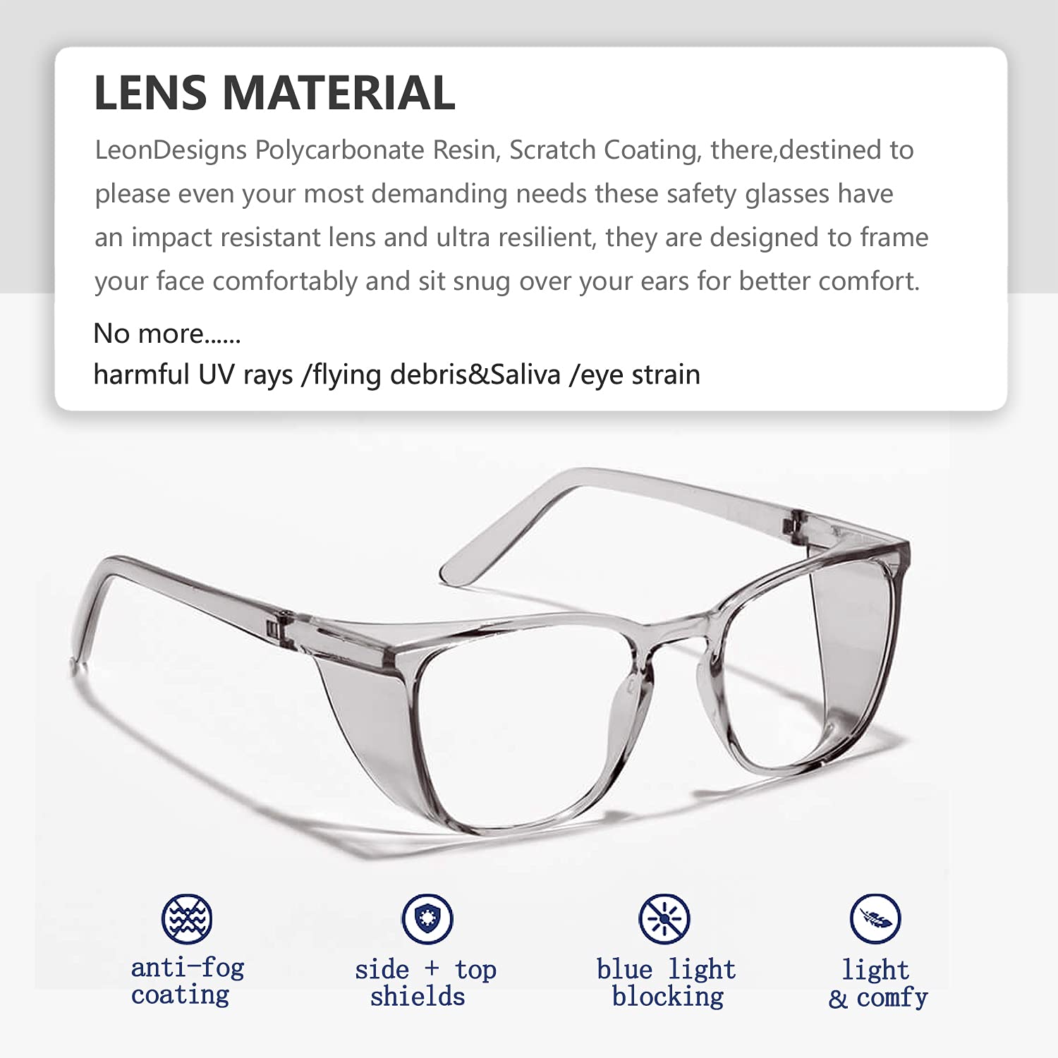 LeonDesigns Safety Glasses Anti-Fog Goggles Z87.1 Blue Light Blocking Anti-Dust UV Protection Glasses For Men Women (Square black1)