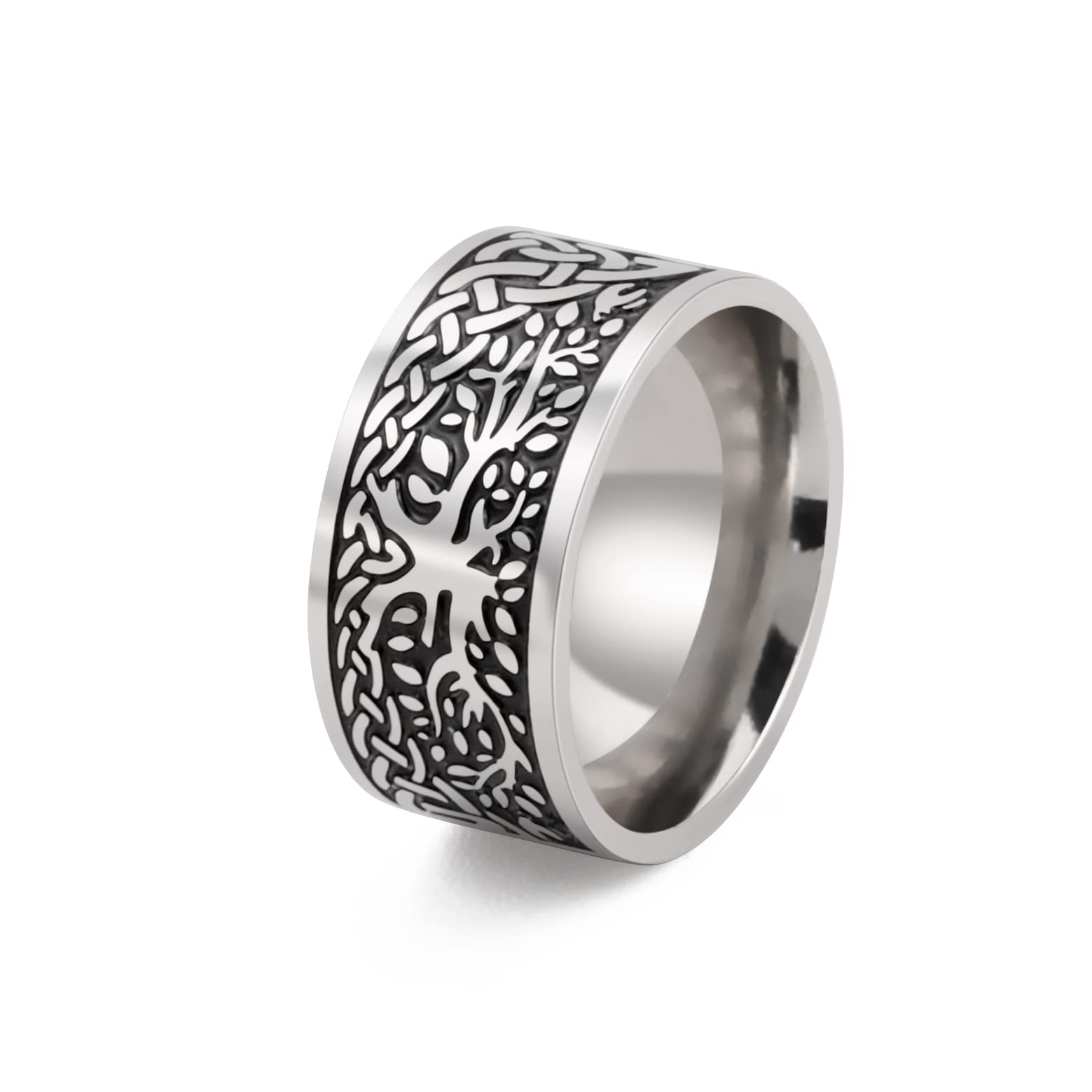 Hipee Celtic Knot Pattern Ring, Stainless Steel Jewelry for Men Women, 10mm Wide, 2mm Thick (Tree of Life, 10)