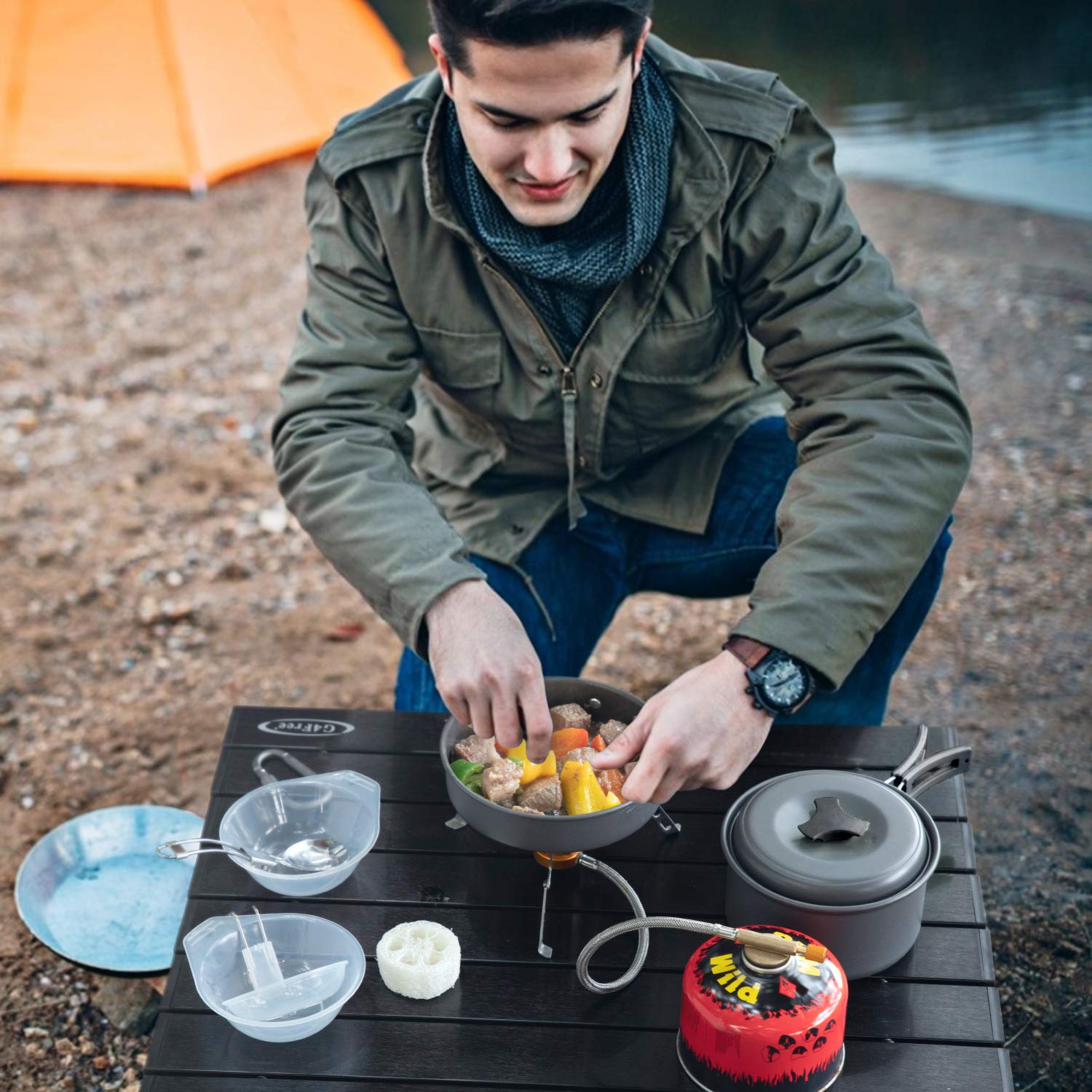 G4Free 11PCS/13PCS Camping Cookware Mess Kit Hiking Backpacking Picnic Cooking Bowl Non Stick Pot Pan Knife Spoon Set(11PCS Orange)