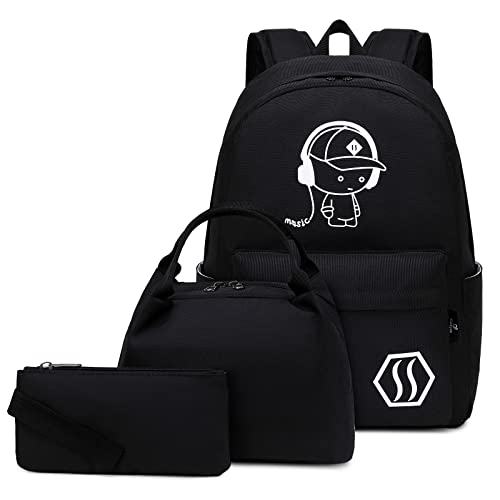 SHEEYEE School Backpack for Teen Boys Kids Bookbags with Lunch Box Set Students Laptop Travel School Bag (Black)