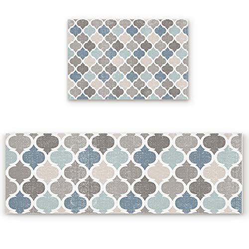 Houseown Kitchen Rugs and Mats 2 Pcs Set, Boho Moroccan Blue Grey Geometric Plaid Microfiber Kitchen Mat Non-Slip Washable Home Decor for Kitchen Floor Home Office Laundry