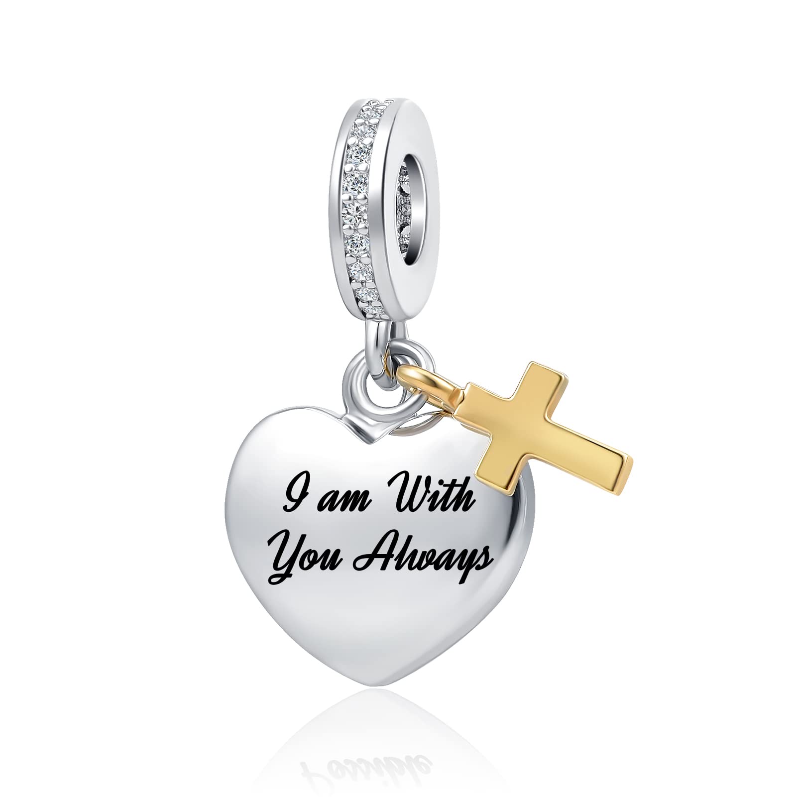 GMXLin Religious Cross Charm for Pandora Bracelets I am With You Always Love Heart Gold Plated Cross Dangle Bead for Women Grandma Mom, Copper