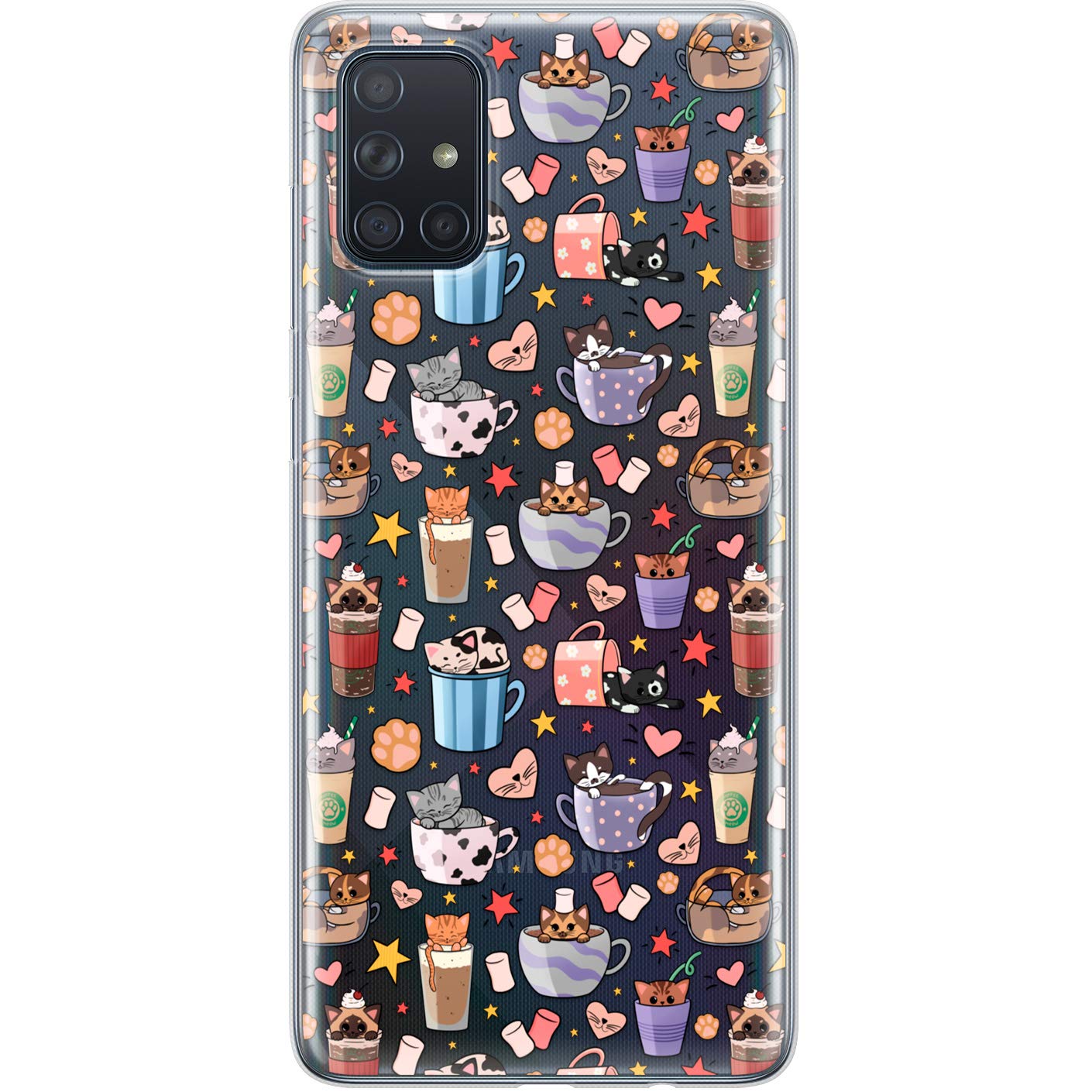 Generic Slim TPU Phone Case Compatible with Samsung Galaxy A72 A71 5G A70 A51 A32 A21 A11 A12 A01 Durable Kittens Cute Clear Soft Protective Shockproof Paws Kawaii Cover Cats Silicone Pet Coffee Cups