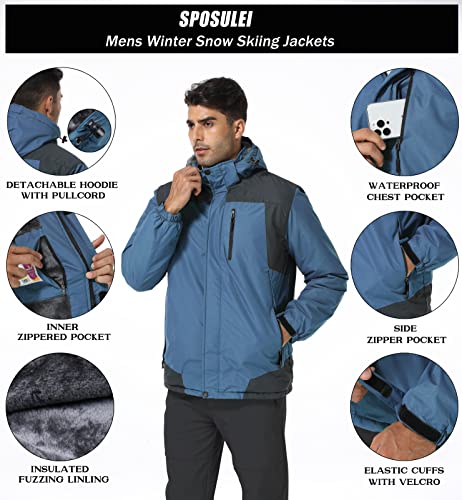 SPOSULEI Winter Jackets Coats for Mens Ski Snow Rain Windbreaker Waterproof Jackets Warm Fleece Lined Sports Coats Blue X-Large