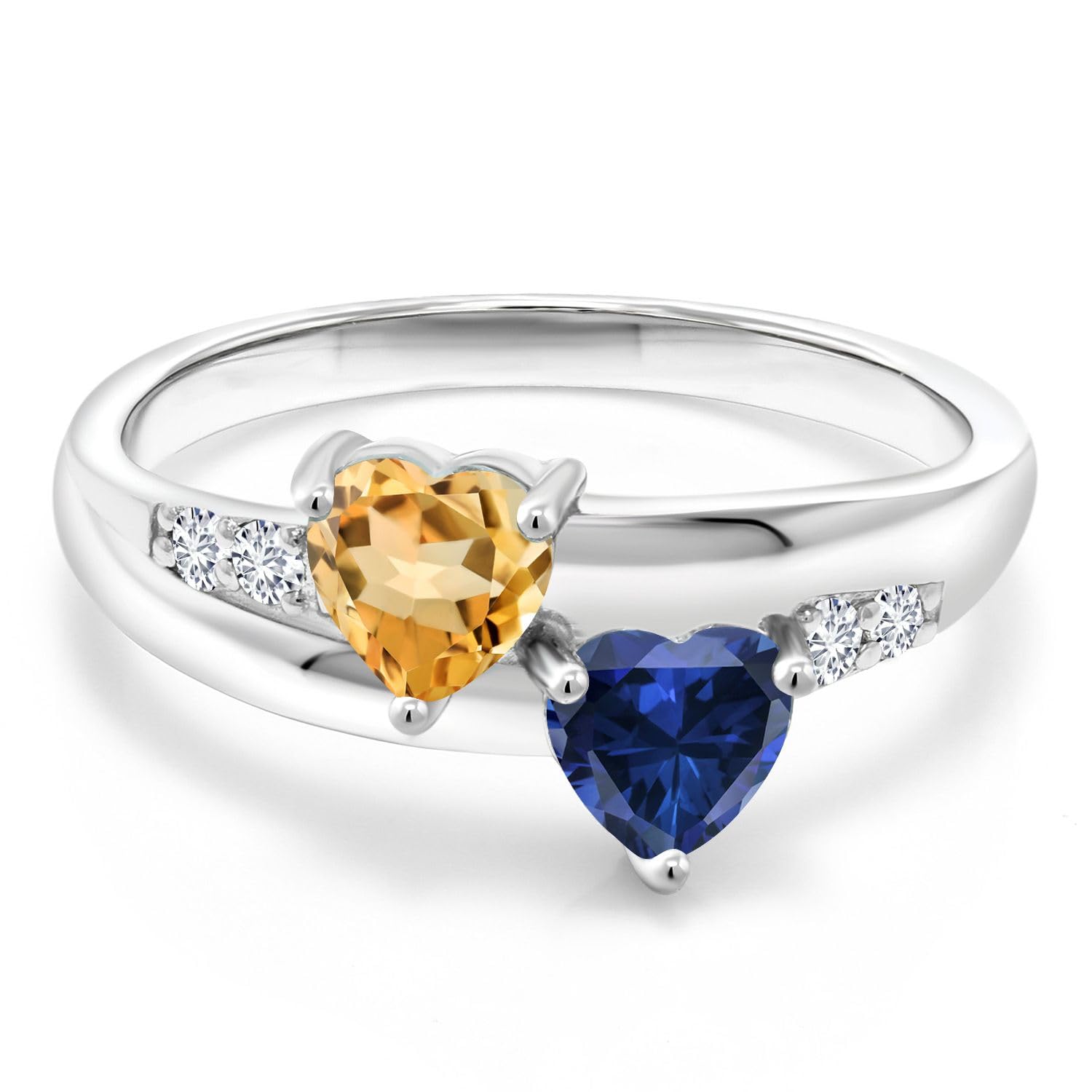 Gem Stone King 1.15 Ct Yellow Citrine Blue Created Sapphire 925 Sterling Silver Lab Grown Diamond Ring (Size 7)