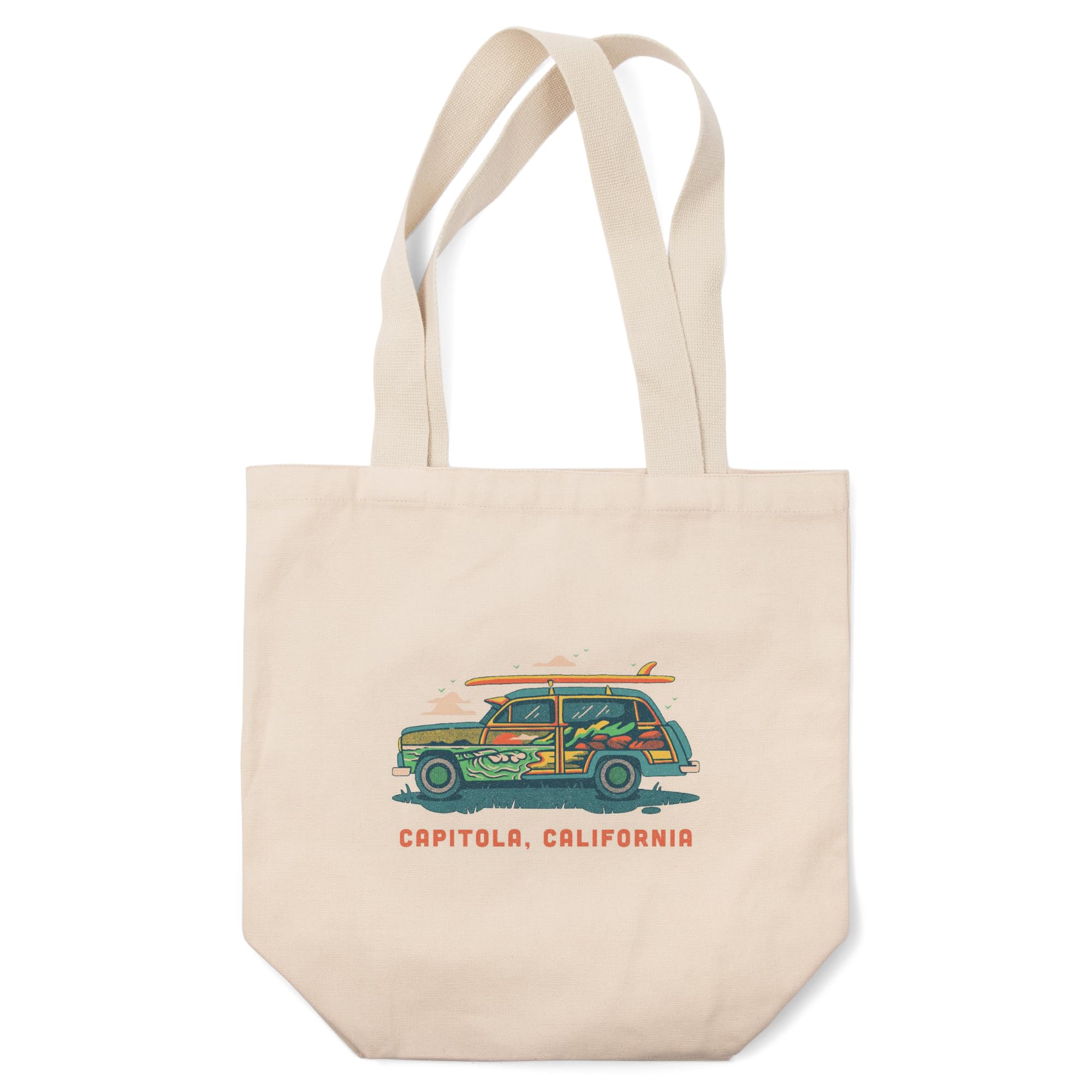 Lantern Press Capitola, California, Woody with Surfboard, Contour (100% Cotton Canvas Reusable Tote Bag)
