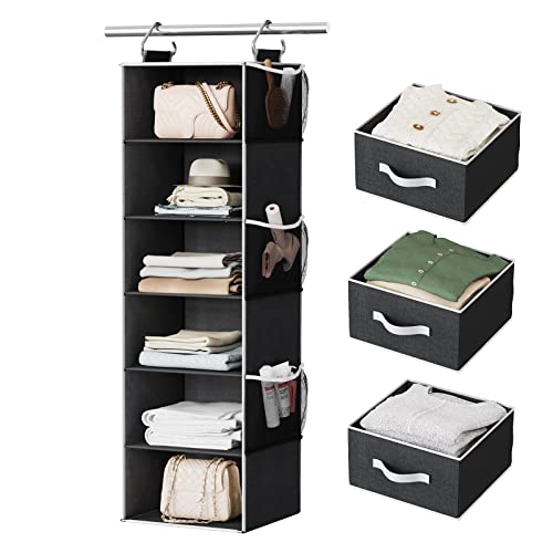Pipishell Hanging Closet Organizer 6-Shelf, Hanging Shelves for Closet with 3 Removable Drawers & Side Pockets, Hanging Shelf Organizer for Bedroom or Garment Rack