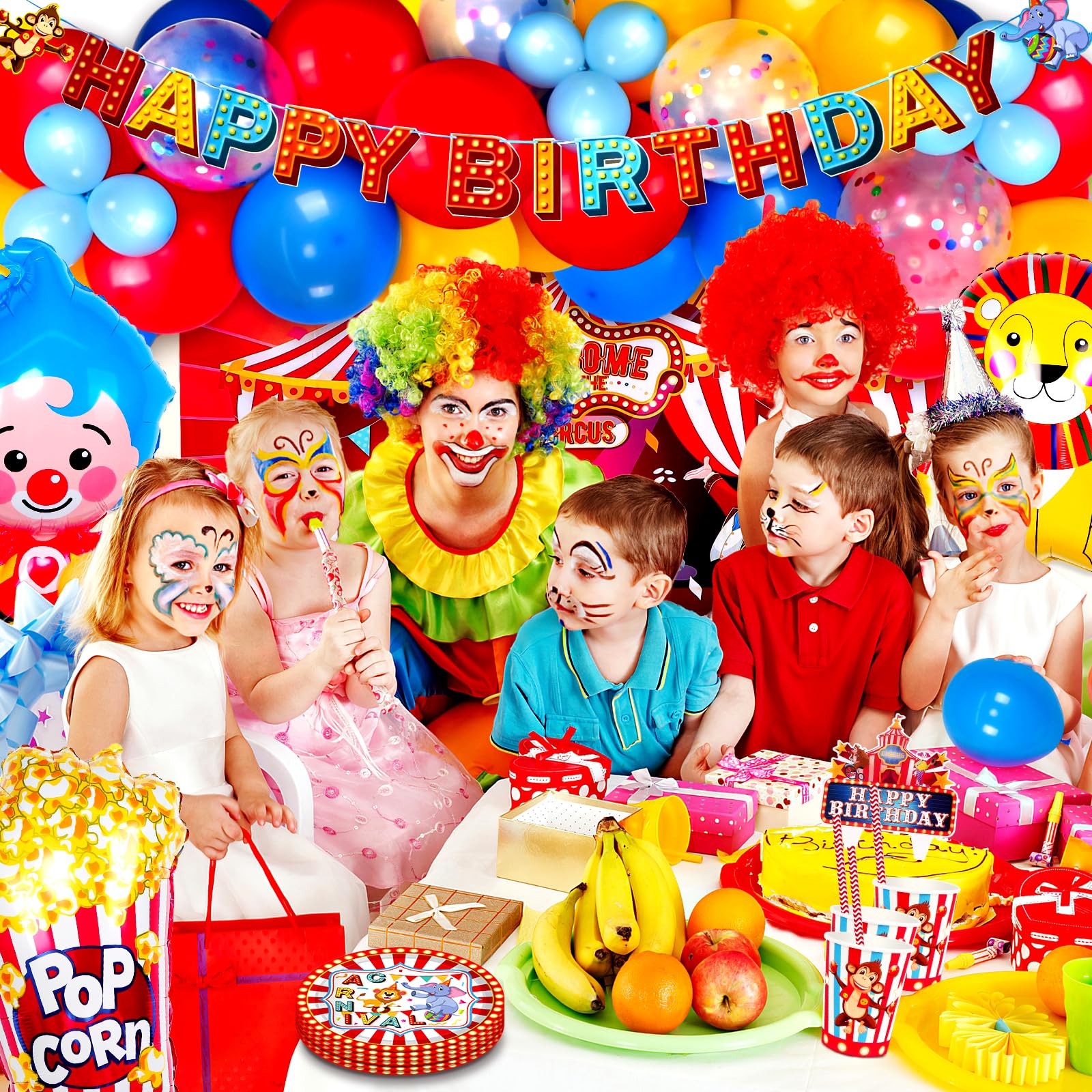HJINGY Carnival Theme Party Decorations, Circus Theme Party Decorations with Carnival Balloons, Carnival Backdrop, Tablecloth, Happy Birthday Banners, Cake Toppers, Paper Plates and Napkins Set